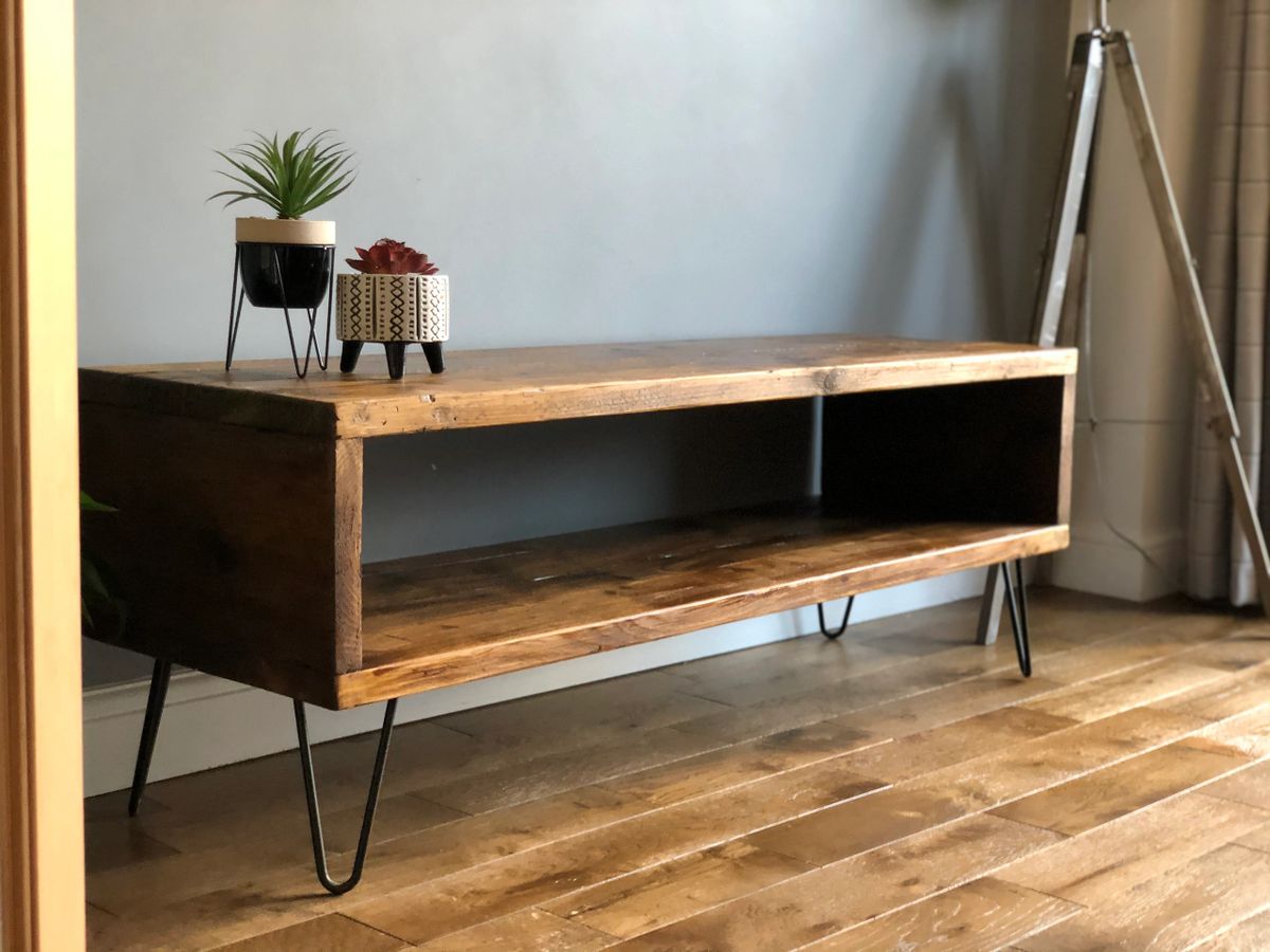 Industrial reclaimed tv unit with black metal hairpin legs