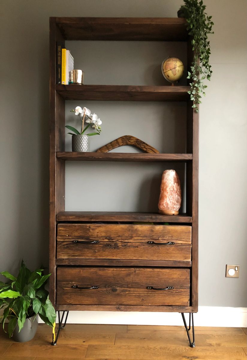 Industrial reclaimed bookcase with black metal hairpin legs