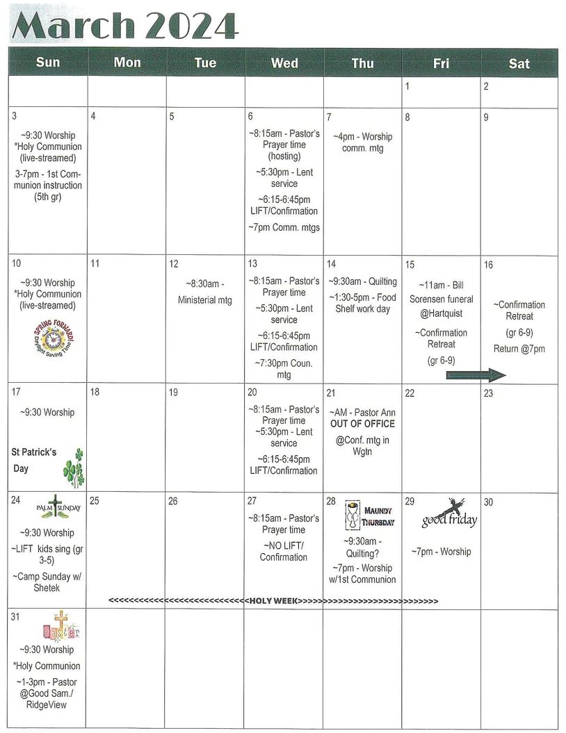 Monthly Church Calendar