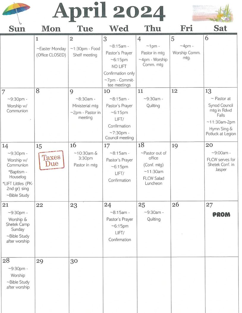 Monthly Church Calendar