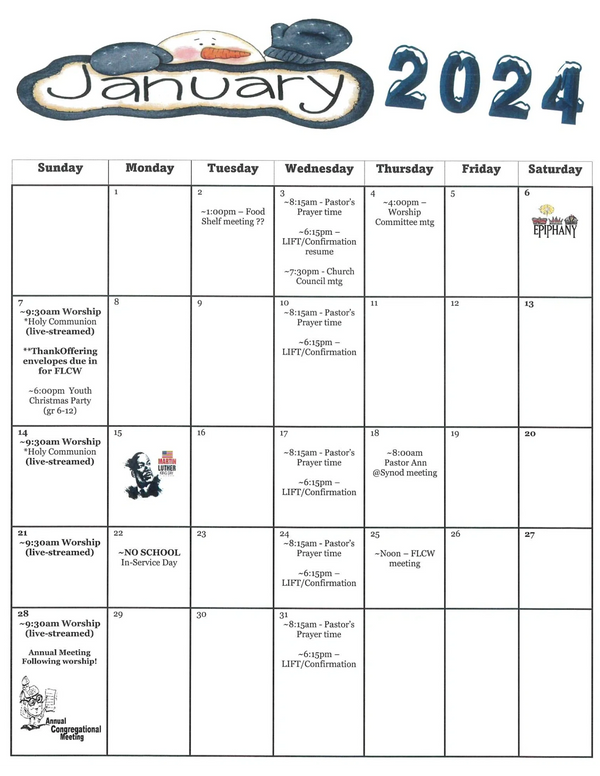 Monthly Church Calendar