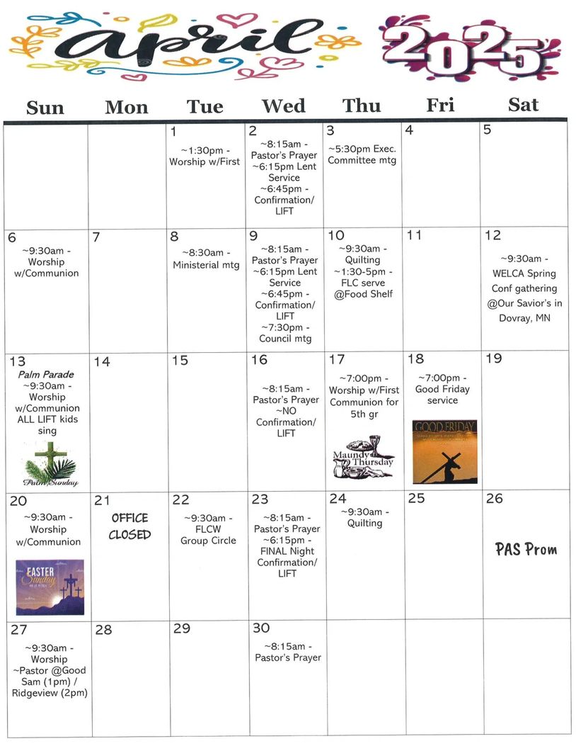 Monthly Church Calendar