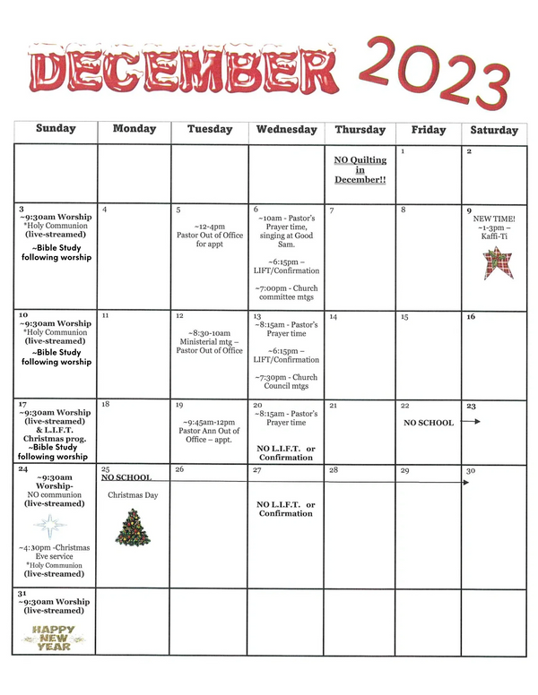 Monthly Church Calendar