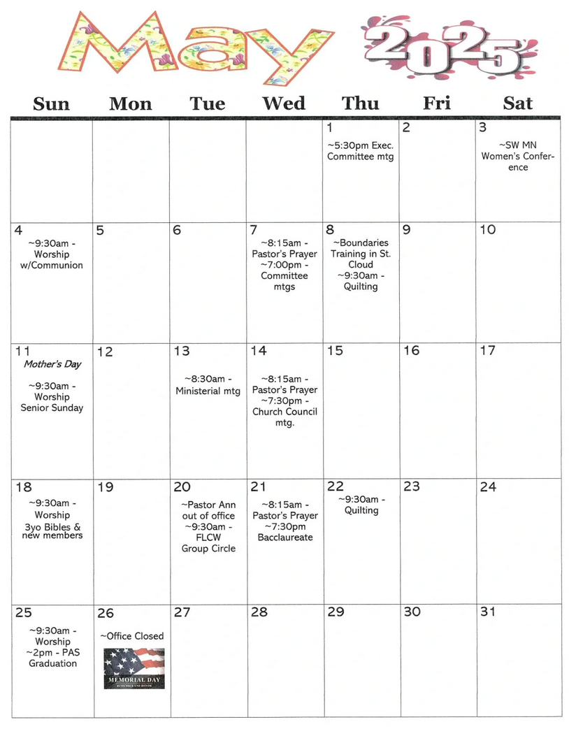 Monthly Church Calendar