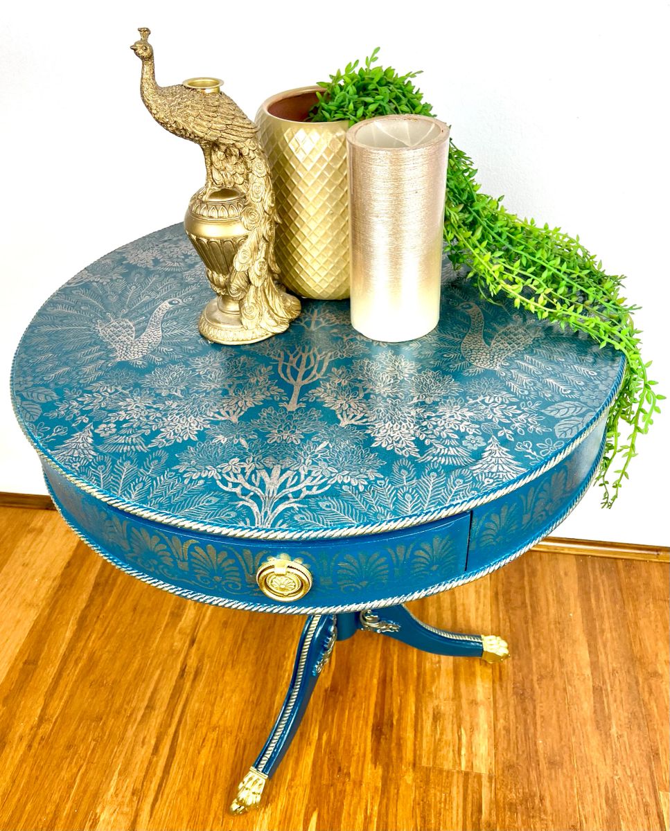 Bespoke Peacock Print End/Side/Drum table.