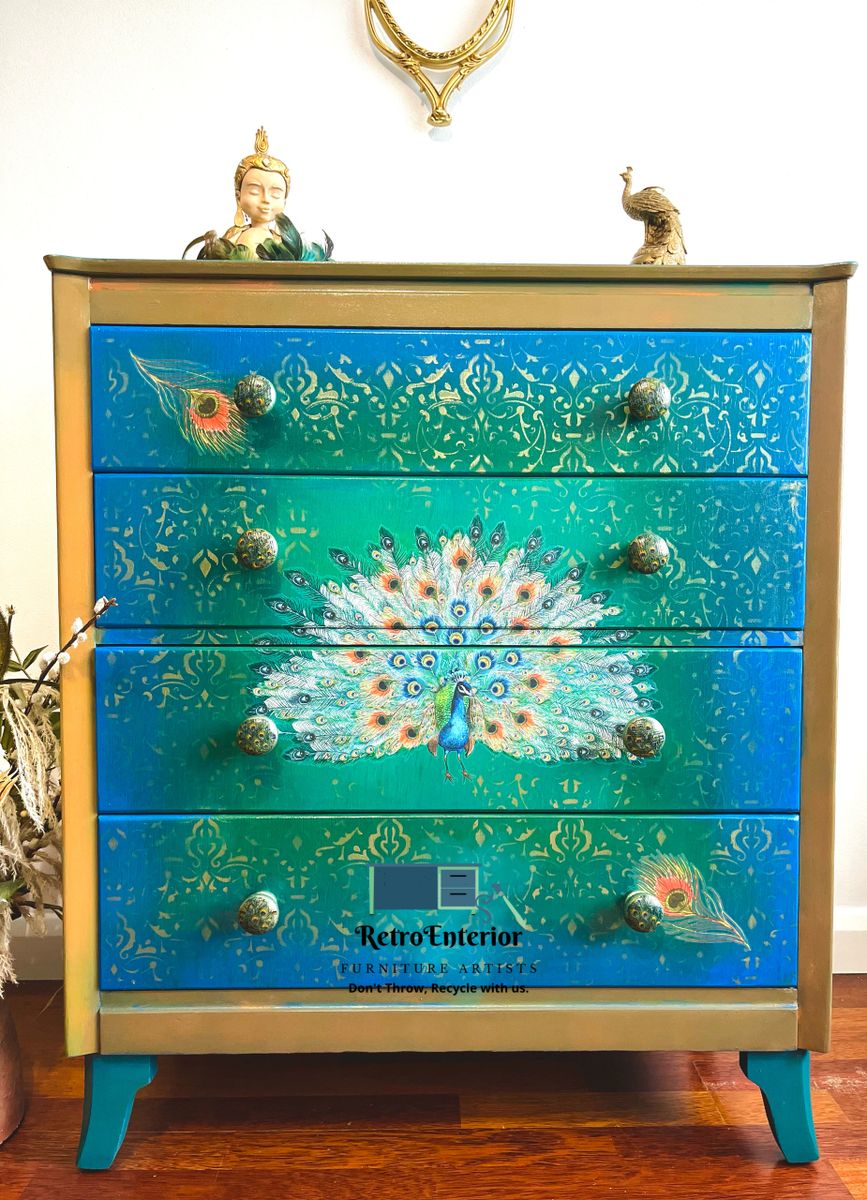 Stunning Ombré finished Stenciled Peacock Chest of drawer from Lebus