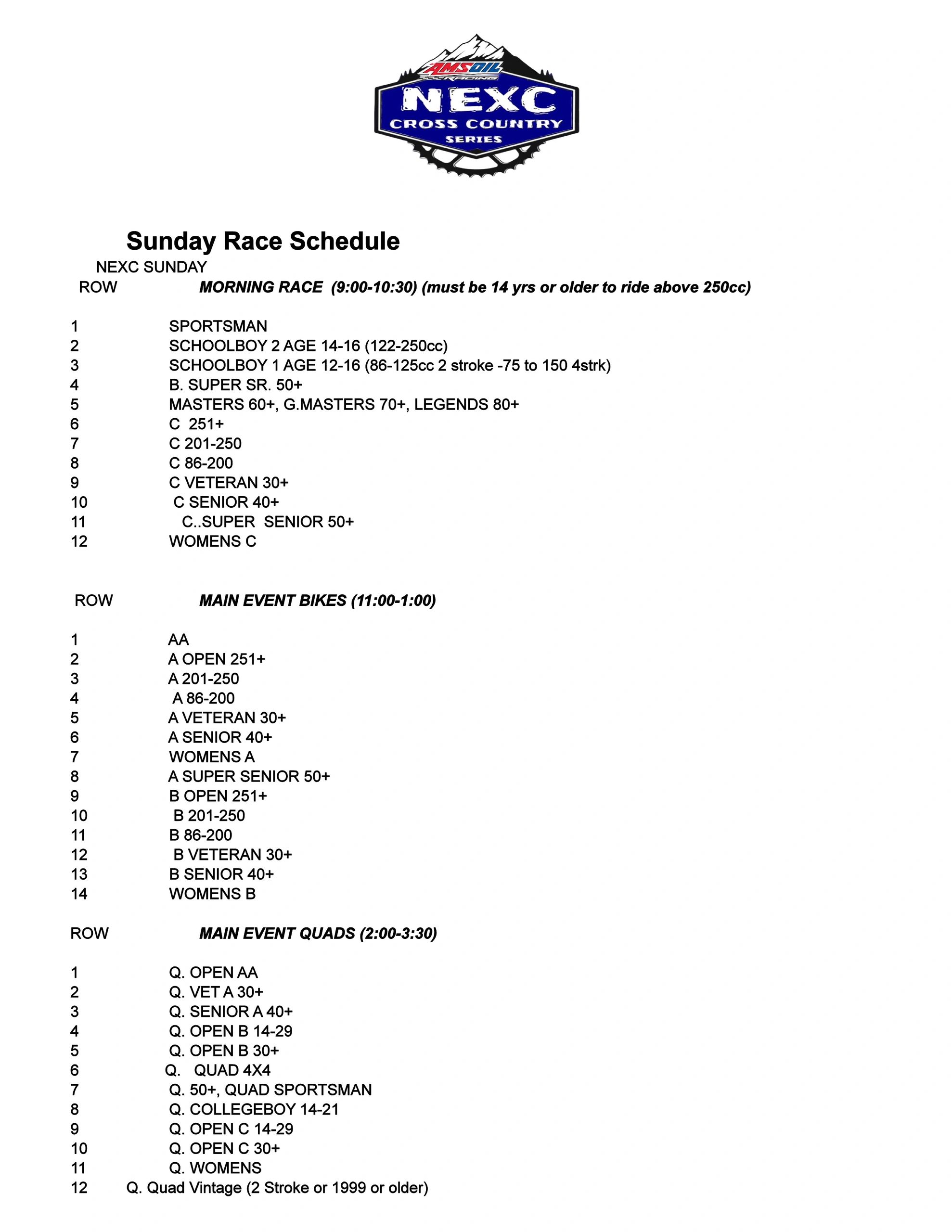 Classes/Raceday Times