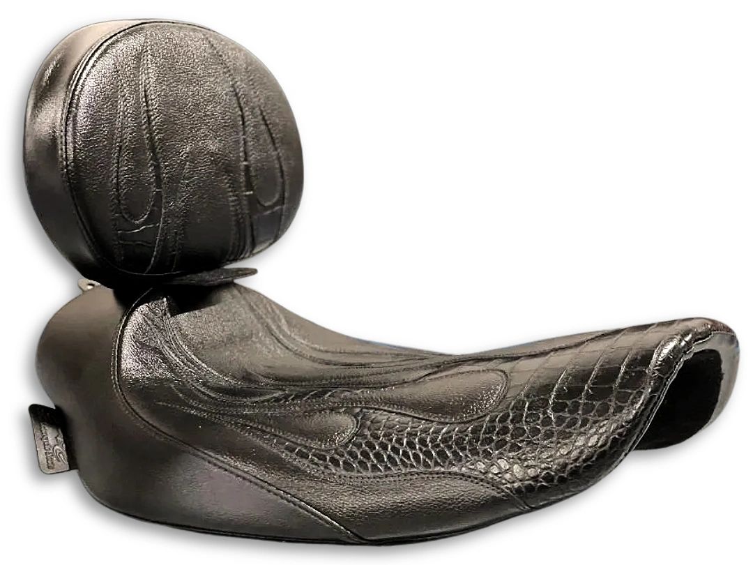 DYNA STANDARD SOLO SEAT: Gator Belly Embossed Leather Flame Inlay