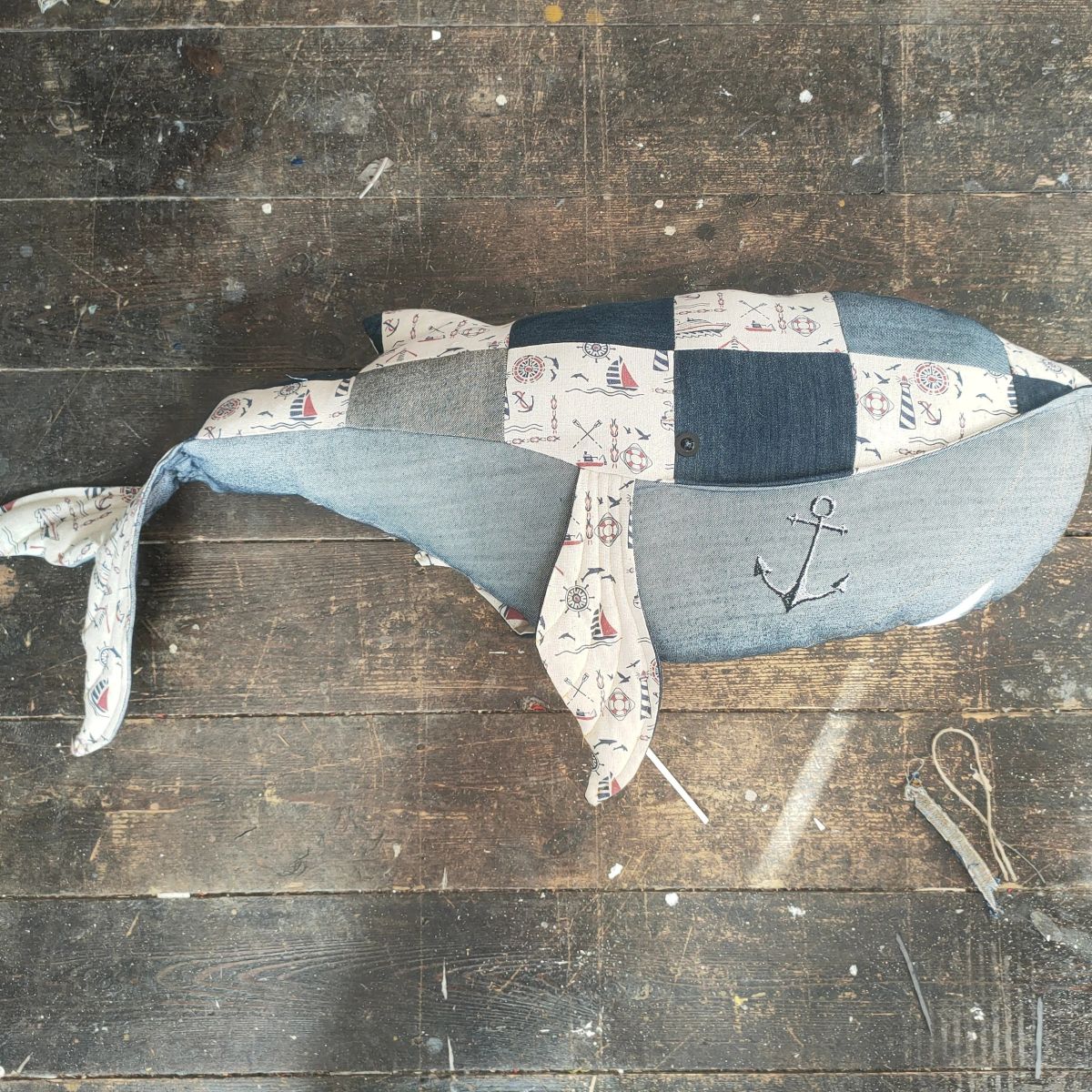 Giant patchwork cuddle whale. Levi Scrimshaw. Reclaimed denim and sea ...