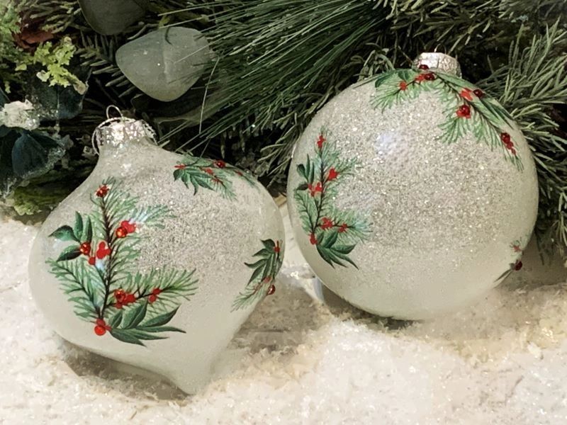 K & K Interiors White Glittered Holly Glass Ornaments