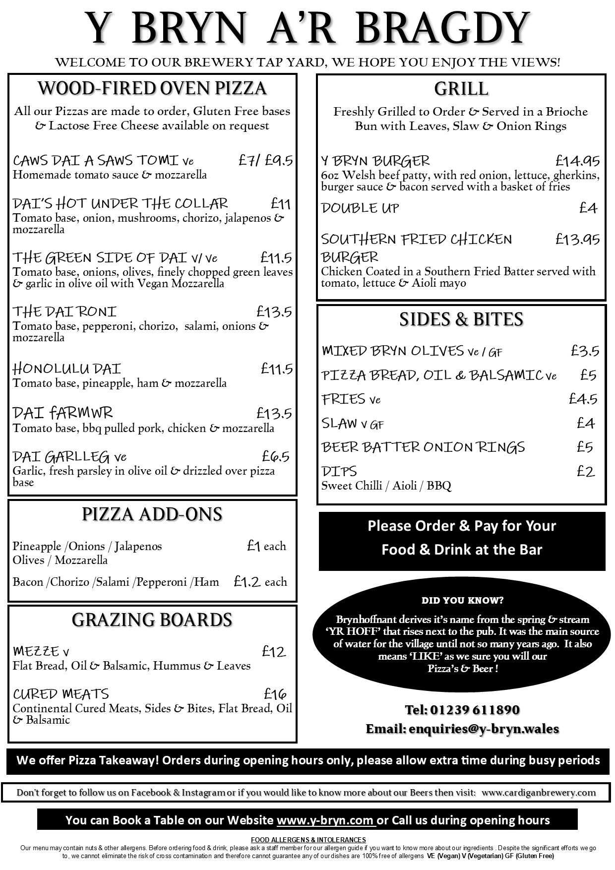 Menu | Y Bryn a'r Bragdy