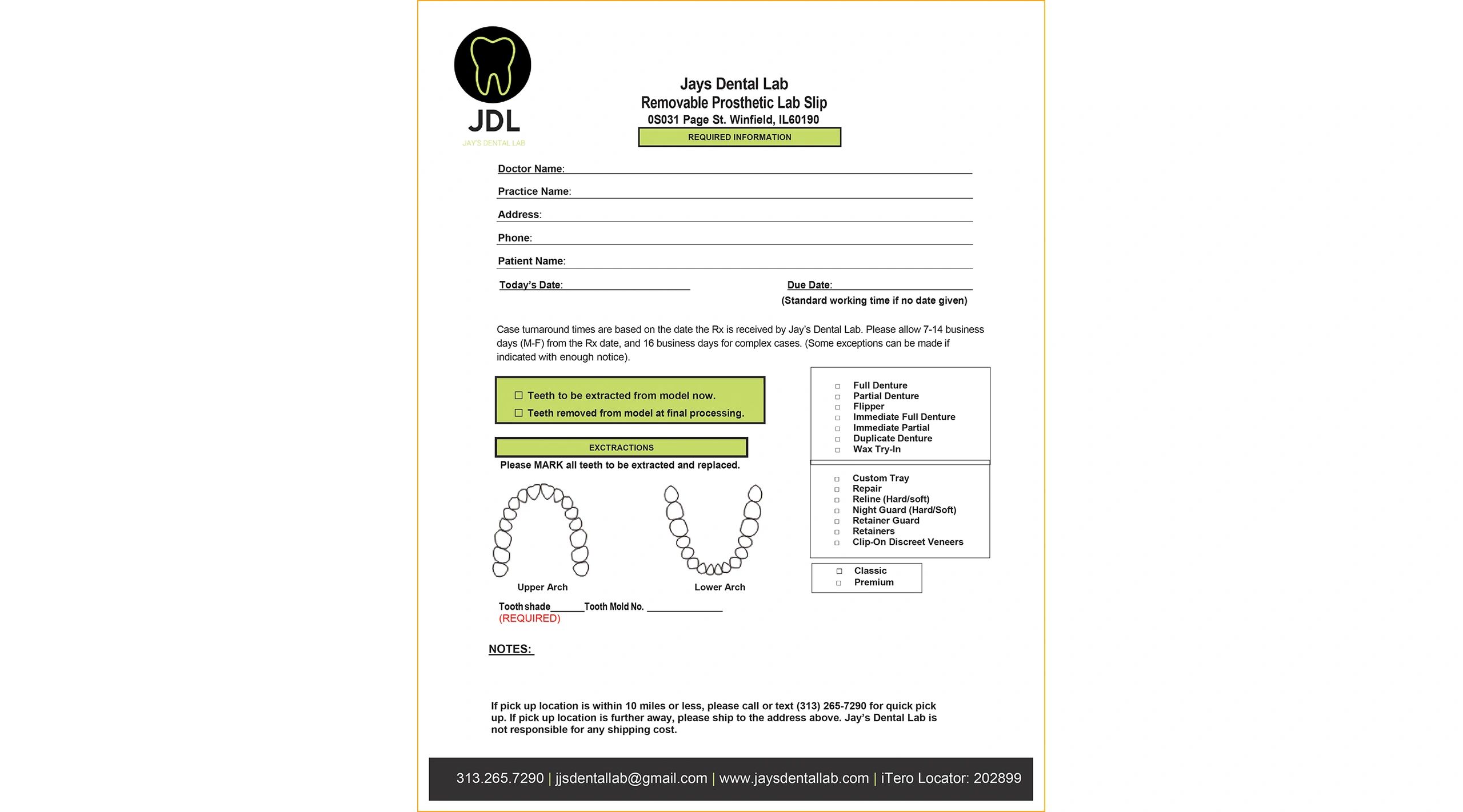 Removable Prosthetic Dental Lab Slip