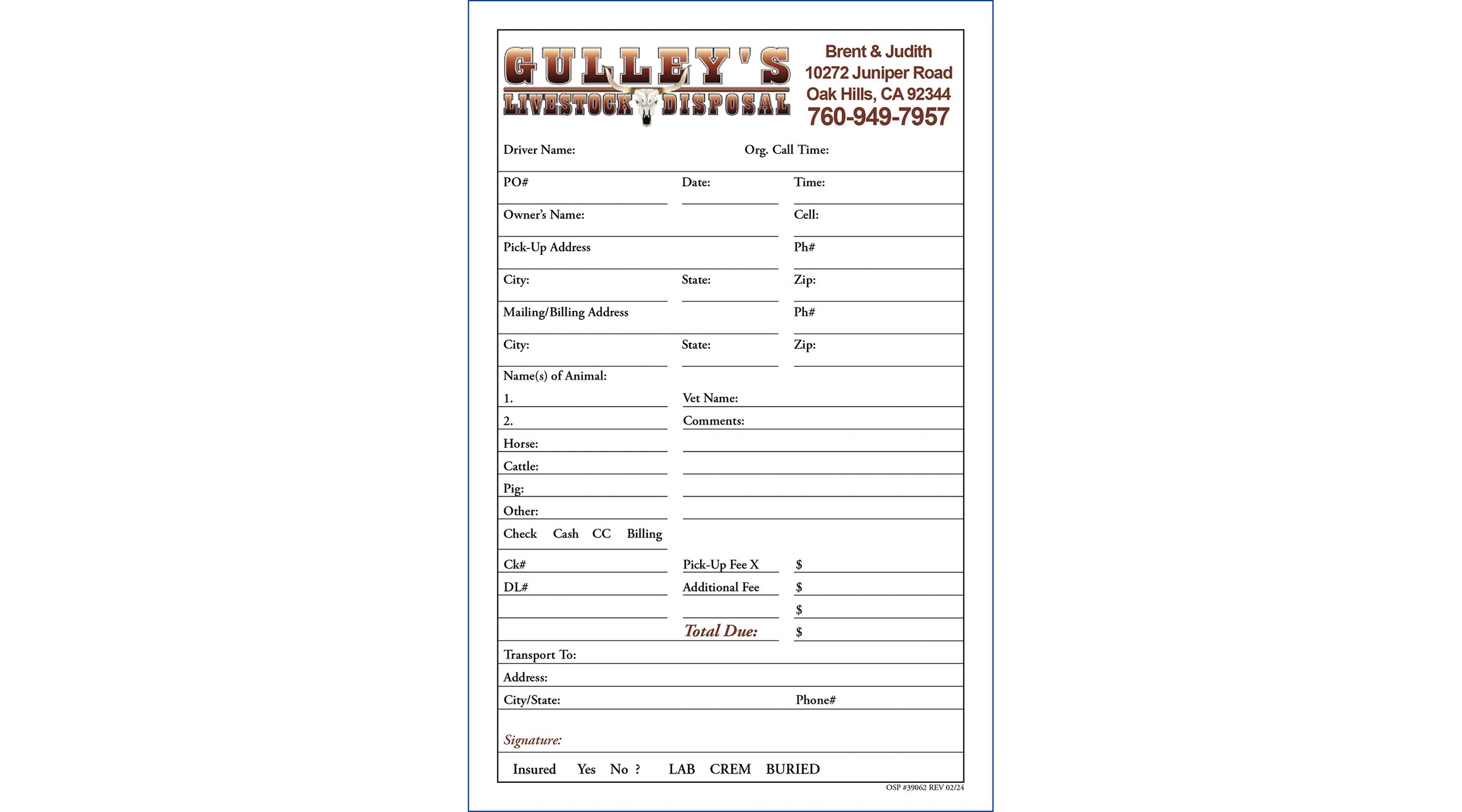 Livestock Disposal Invoice/Receipt