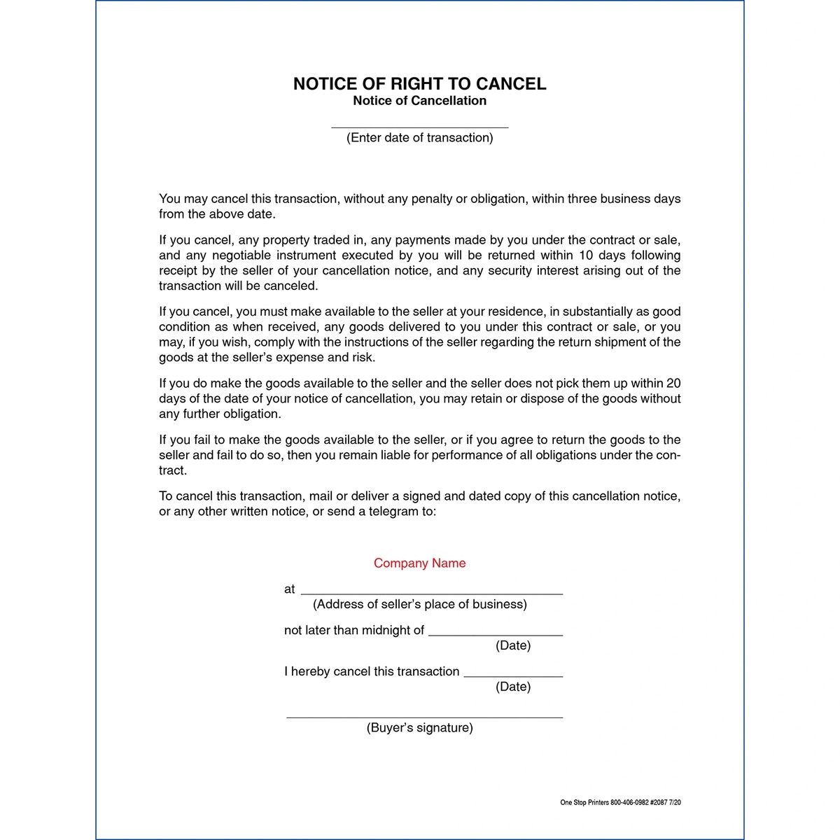 Three Day Notice of Right to Cancel #2087