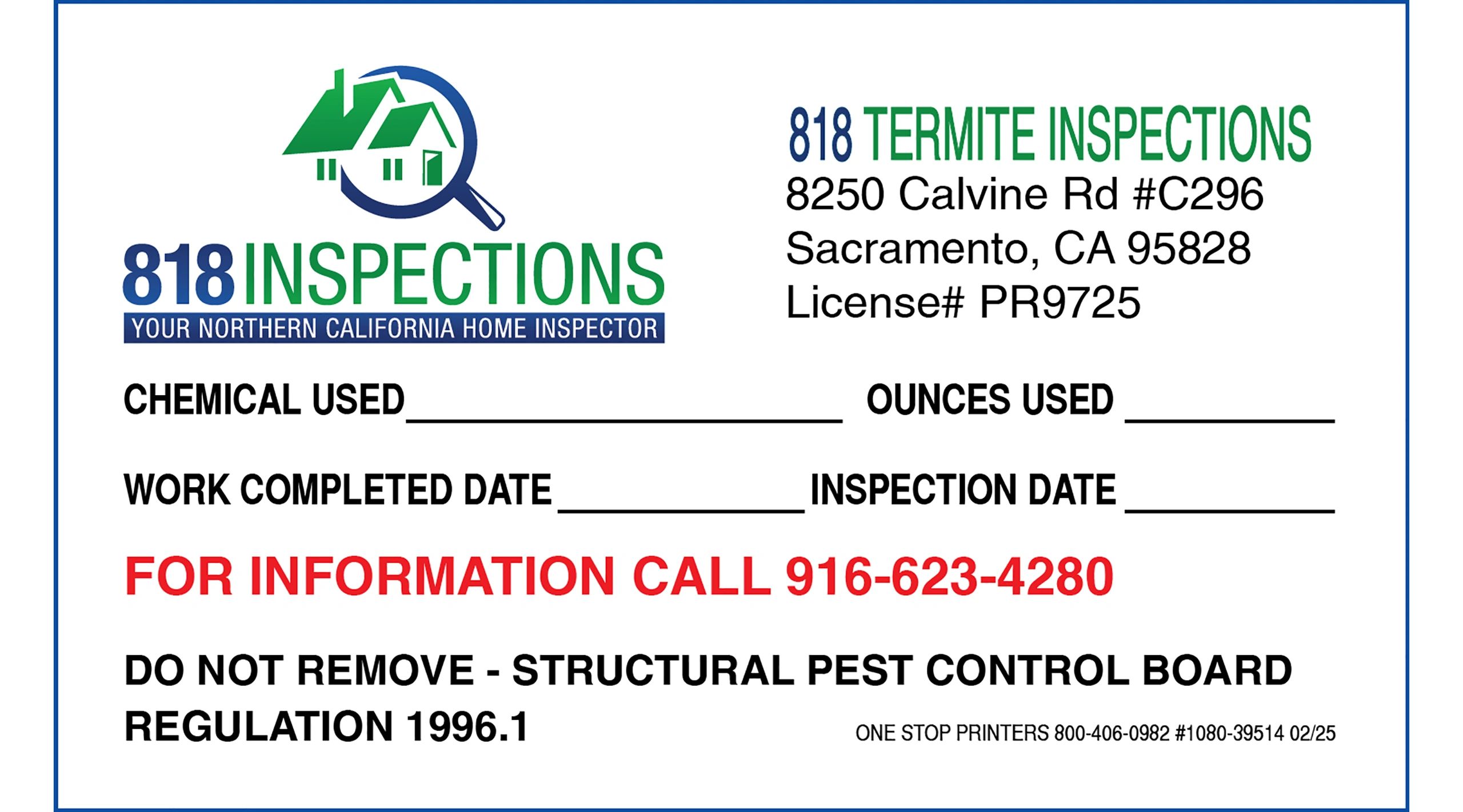 Termite Work Completed Tag