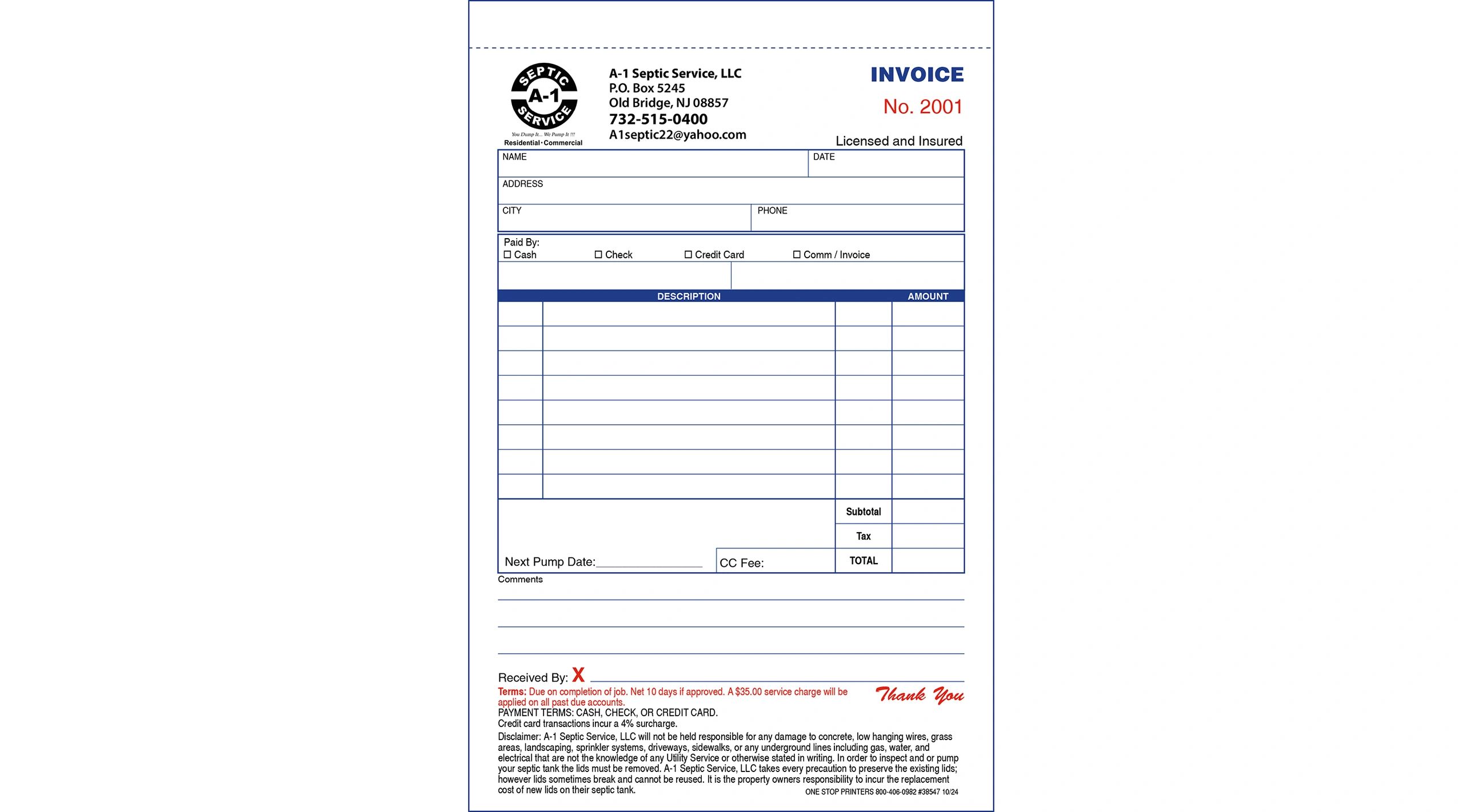 Septic Tank Pumping Invoice