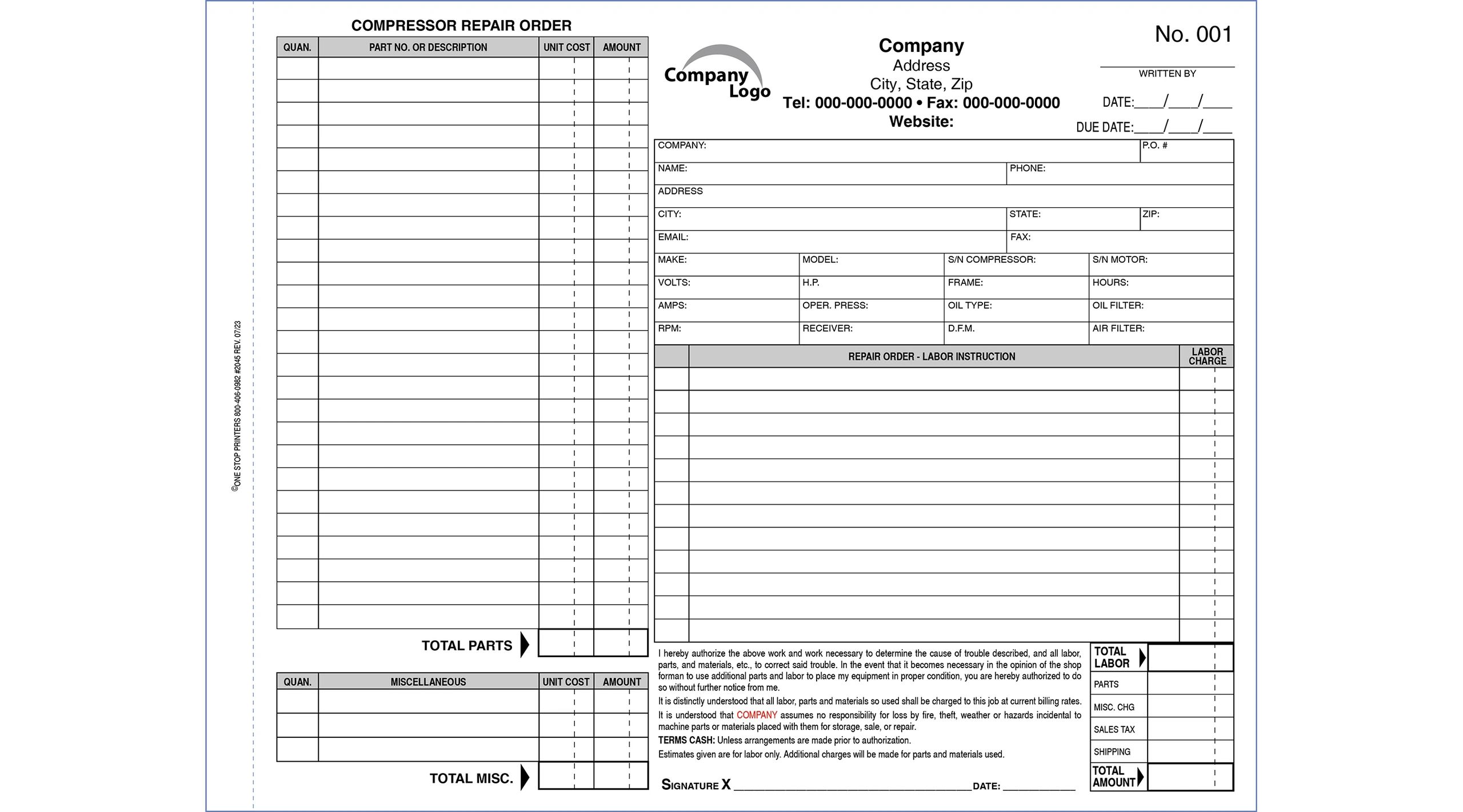 Air Compressor Repair Work Order