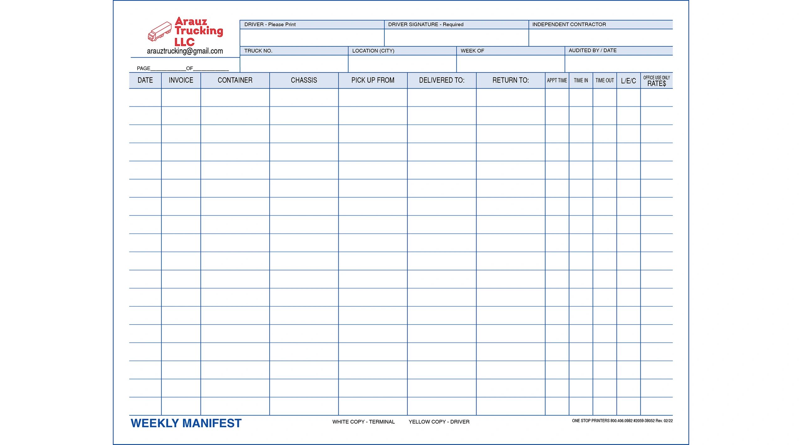 Container Truck Weekly Manifest