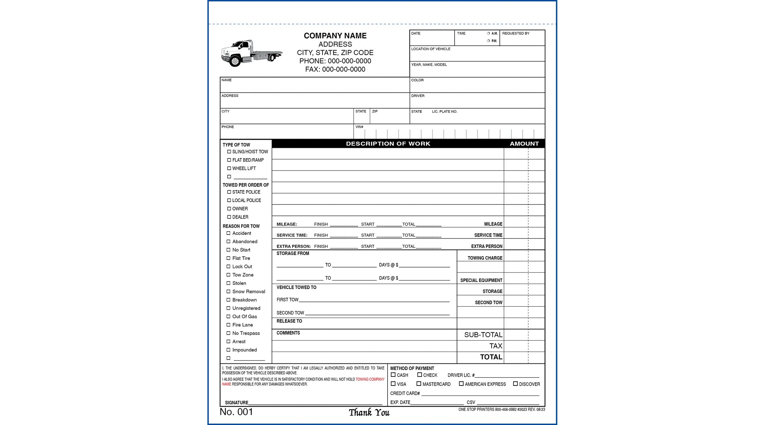Tow Truck Receipt Book