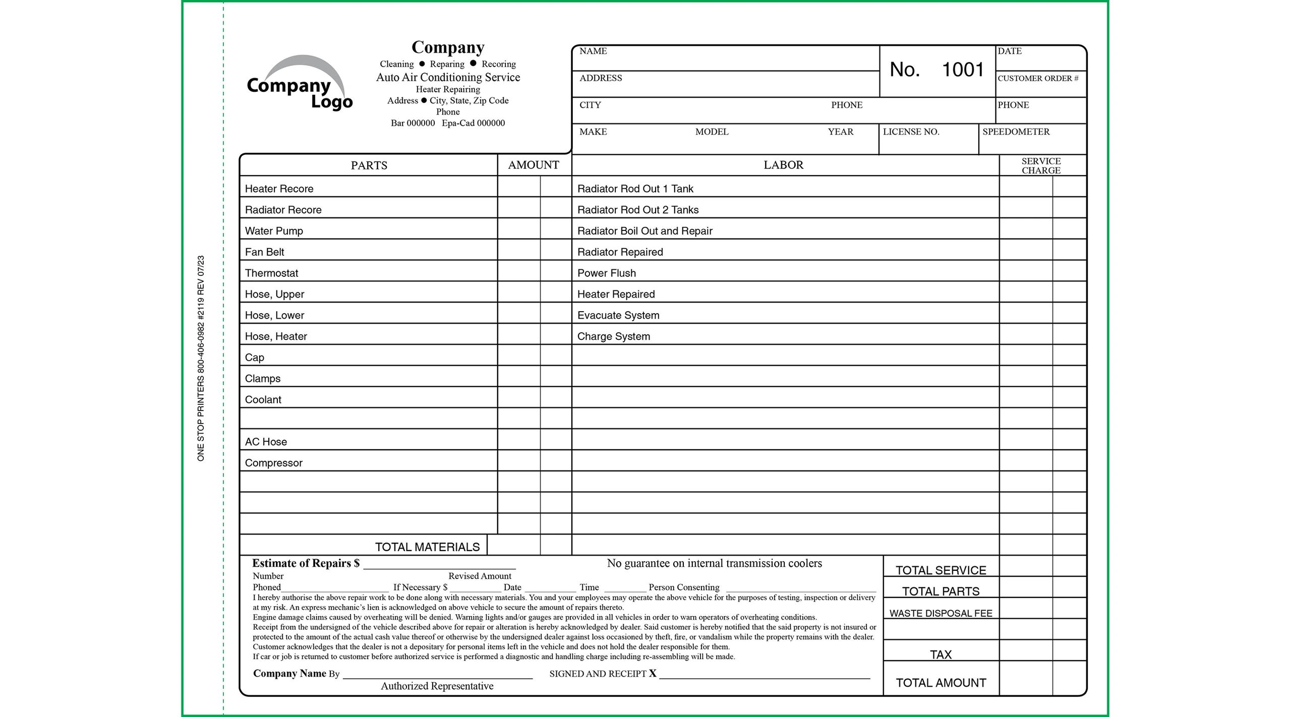 Automotive Radiator Repair Work Order/Invoice