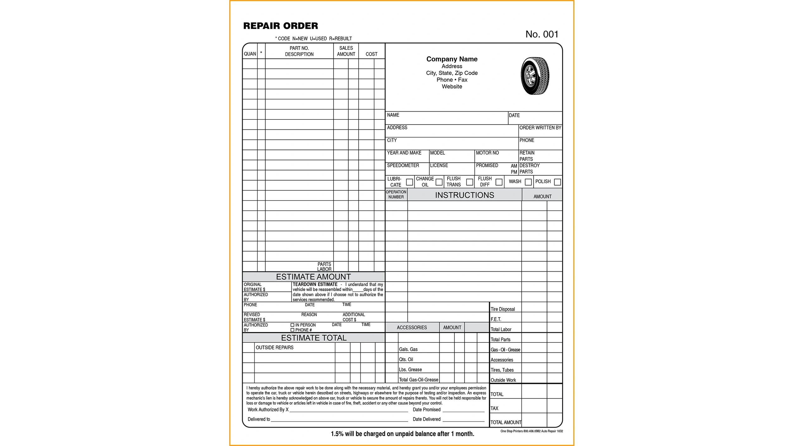 Automotive Repair Order