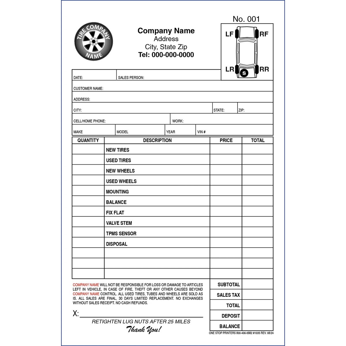 Automotive Tire Shop Repair Order #1035