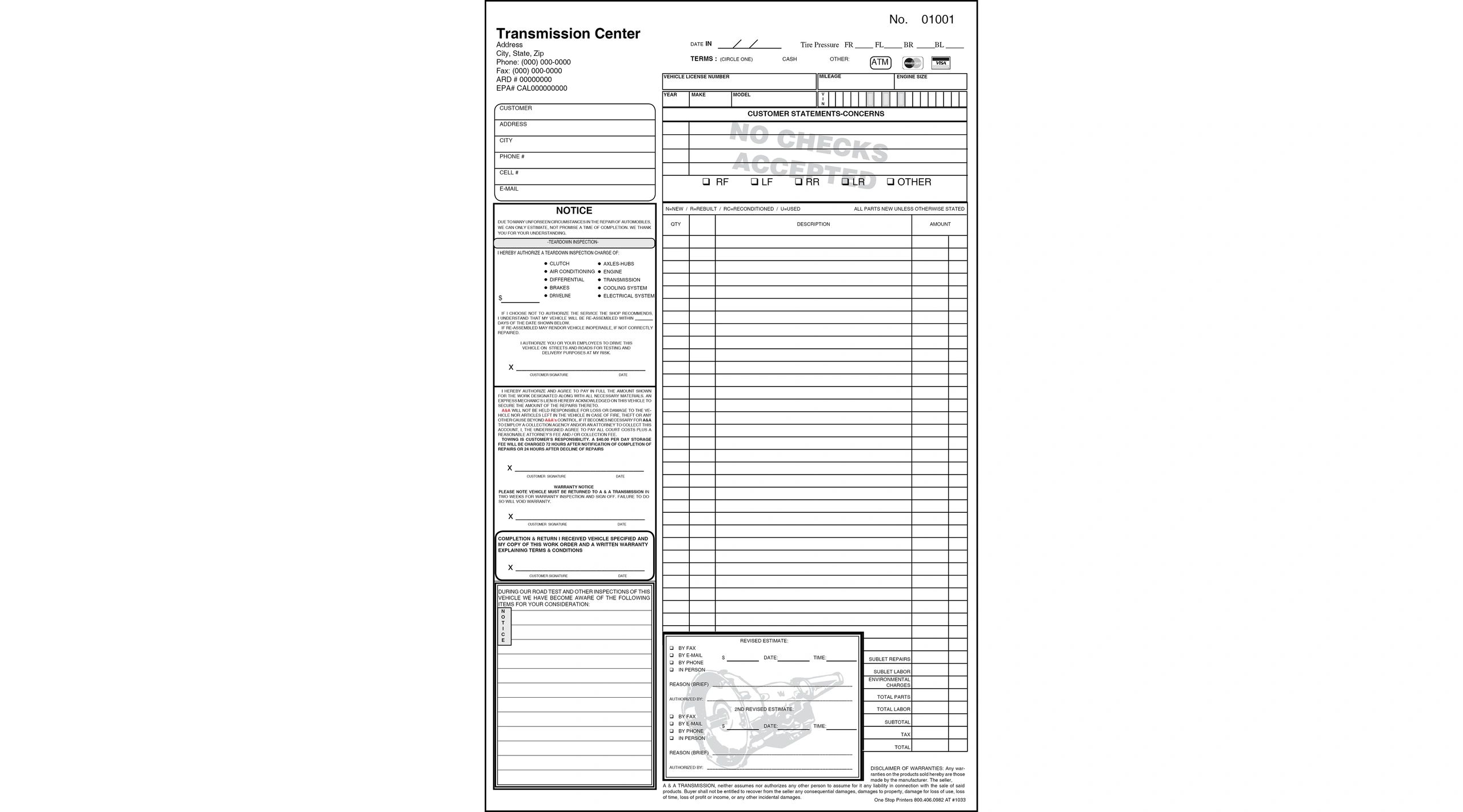 Automotive Transmission Repair Order/Invoice