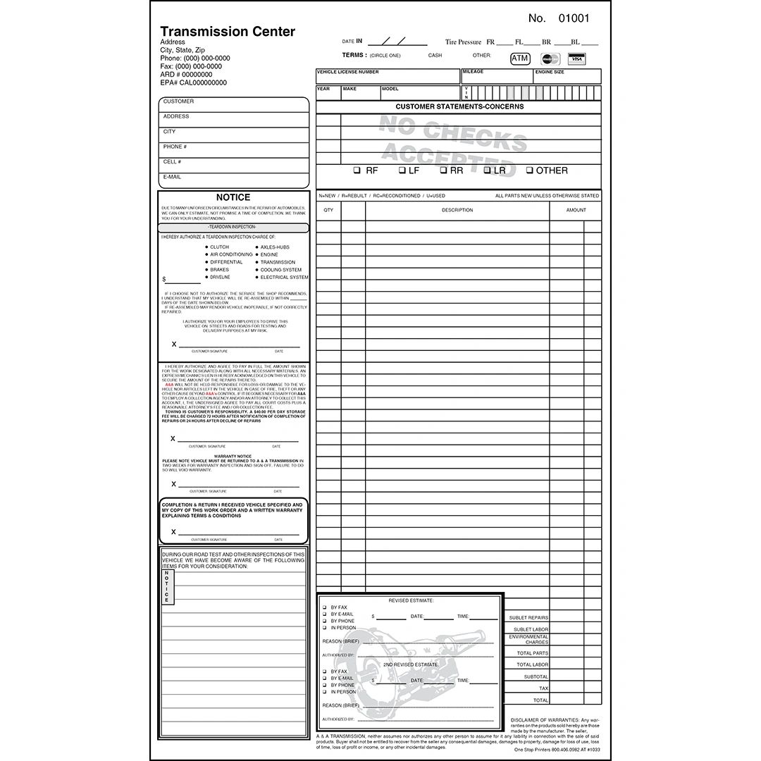 Automotive Transmission Repair Order #1033