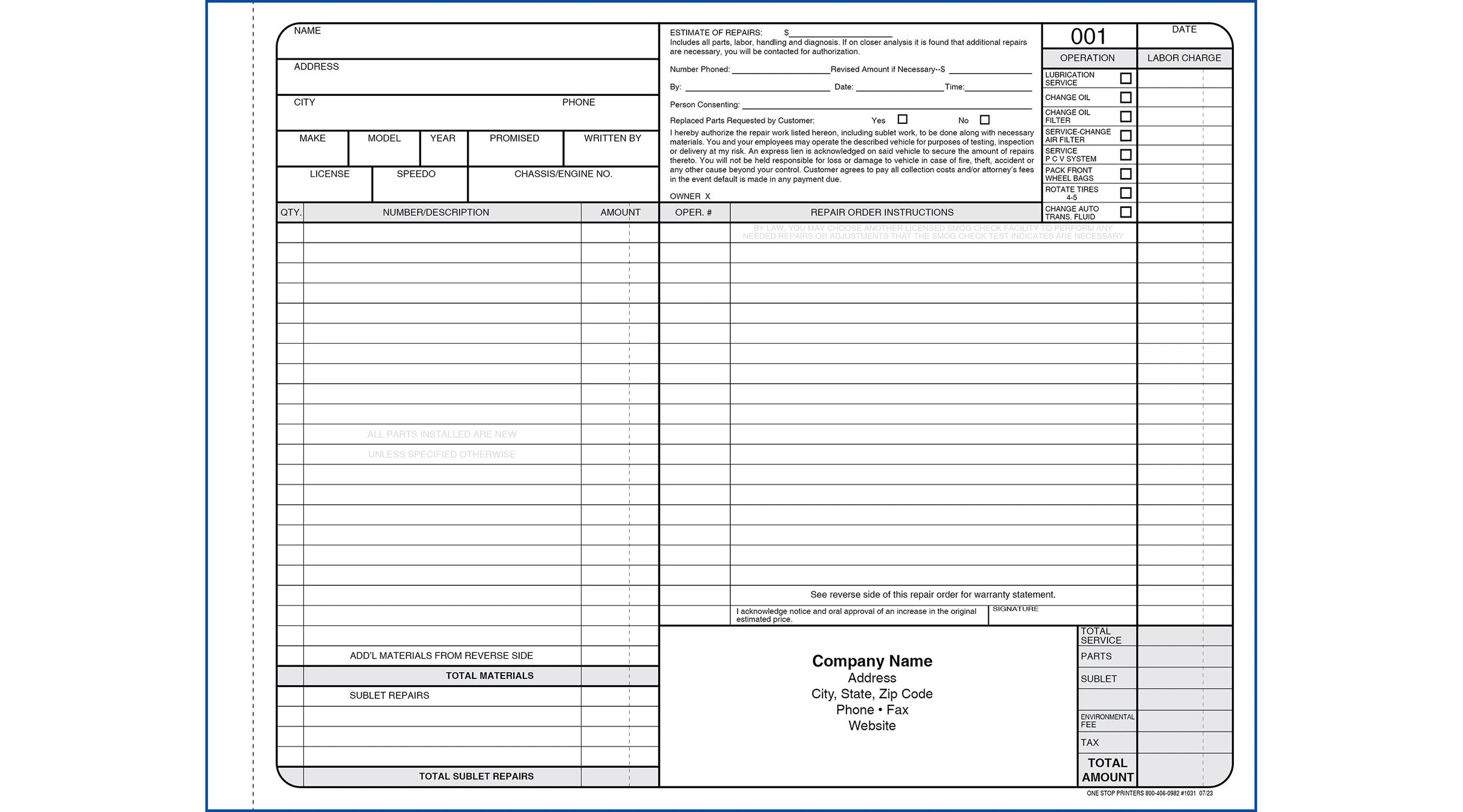 Automotive Repair Order/Invoice