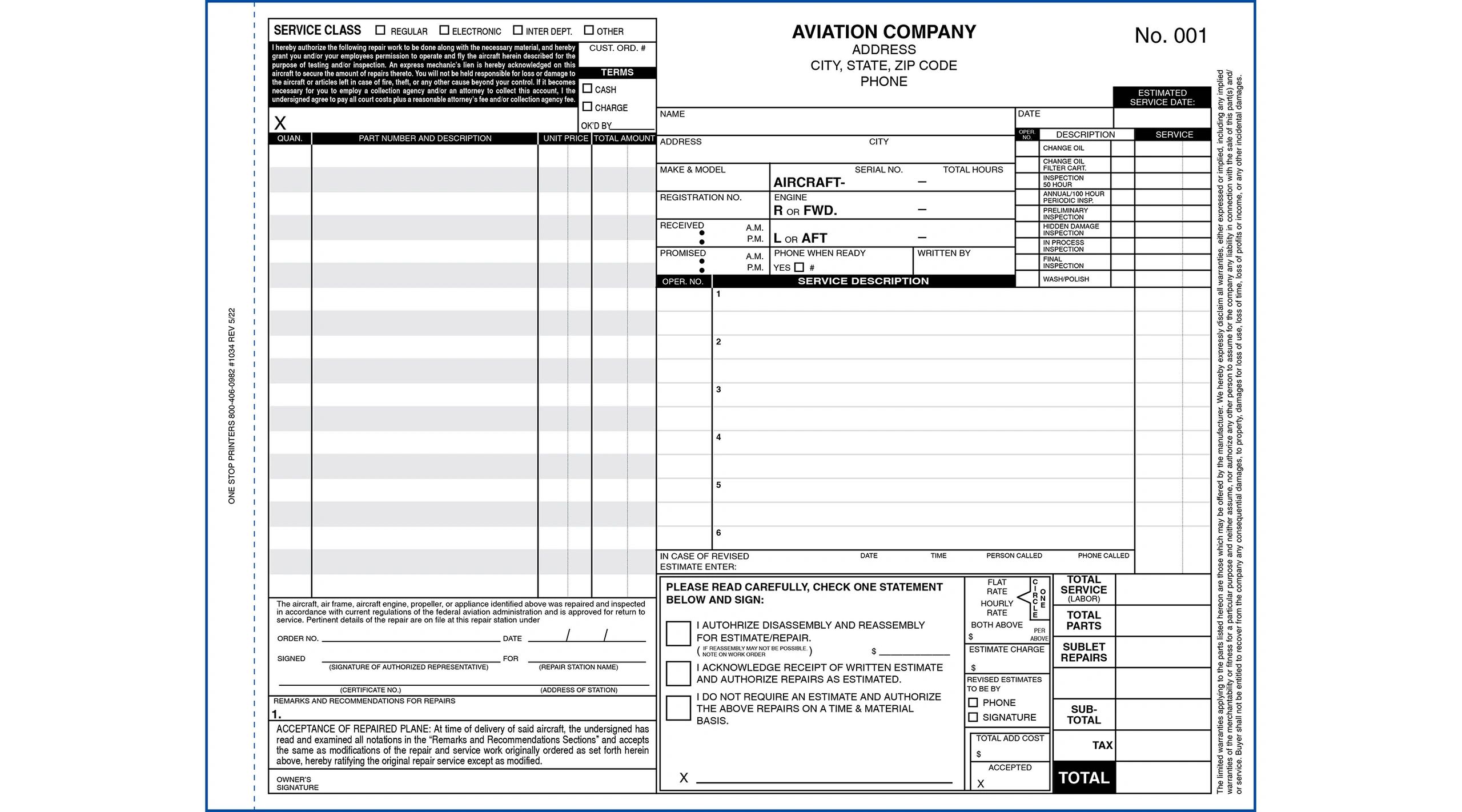 Aviation and Small Aircraft Repair Order/Invoice