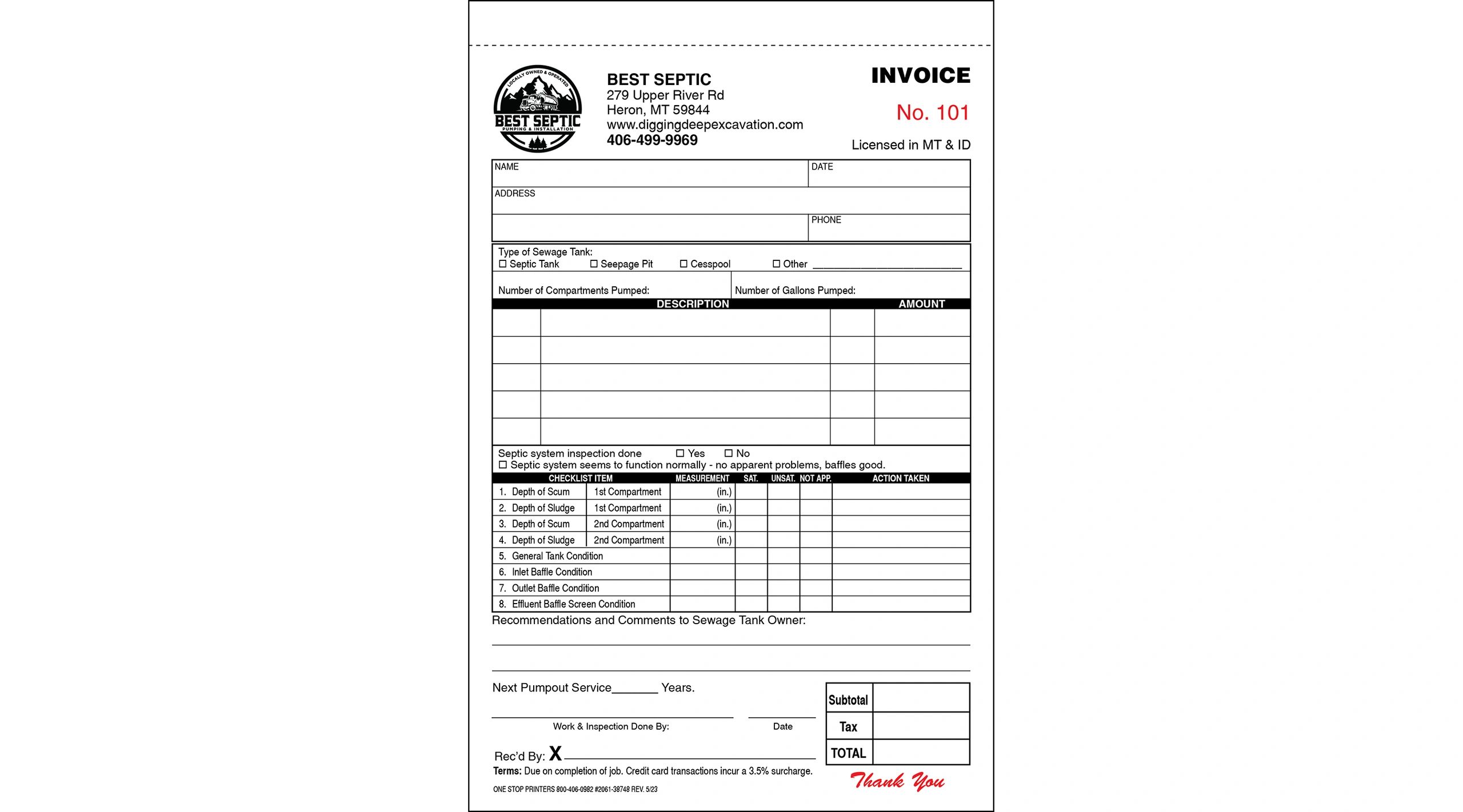Septic System Pumping Invoice and Service Order