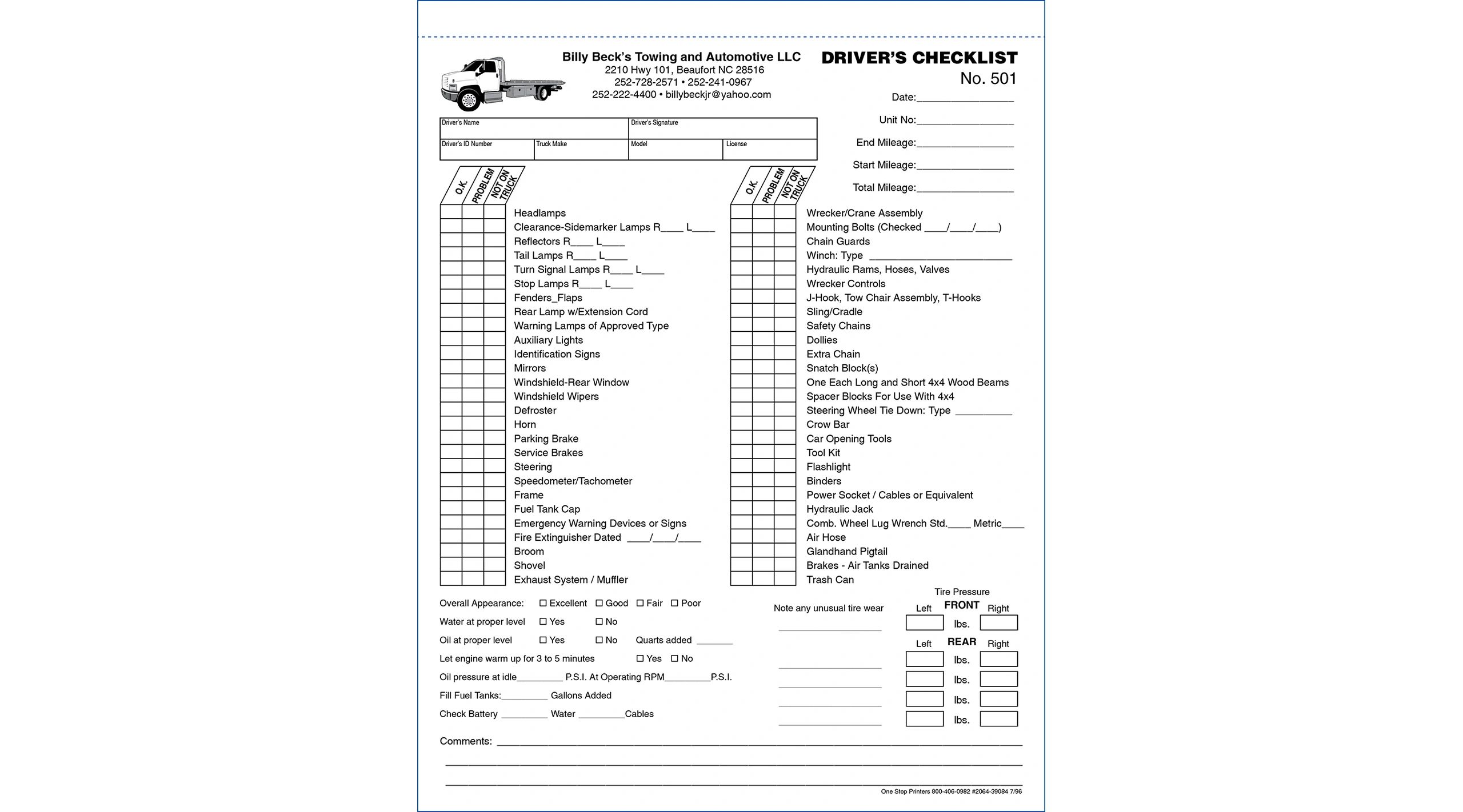 Tow Truck Driver’s Vehicle Inspection and Equipment Checklist