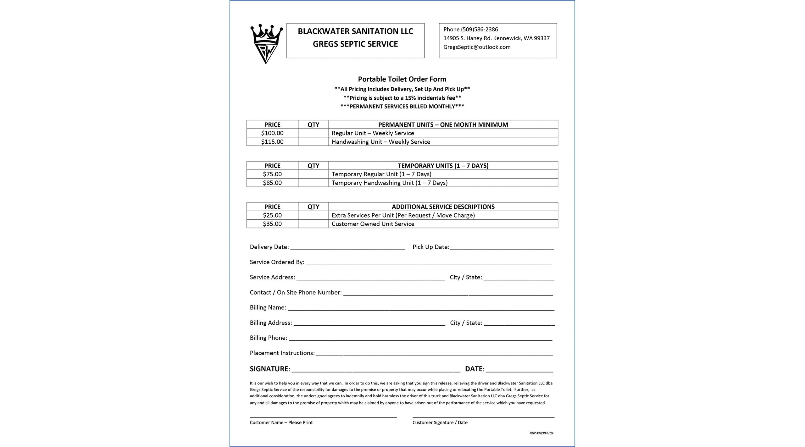 Custom Printed Portable Toilet Order Form
