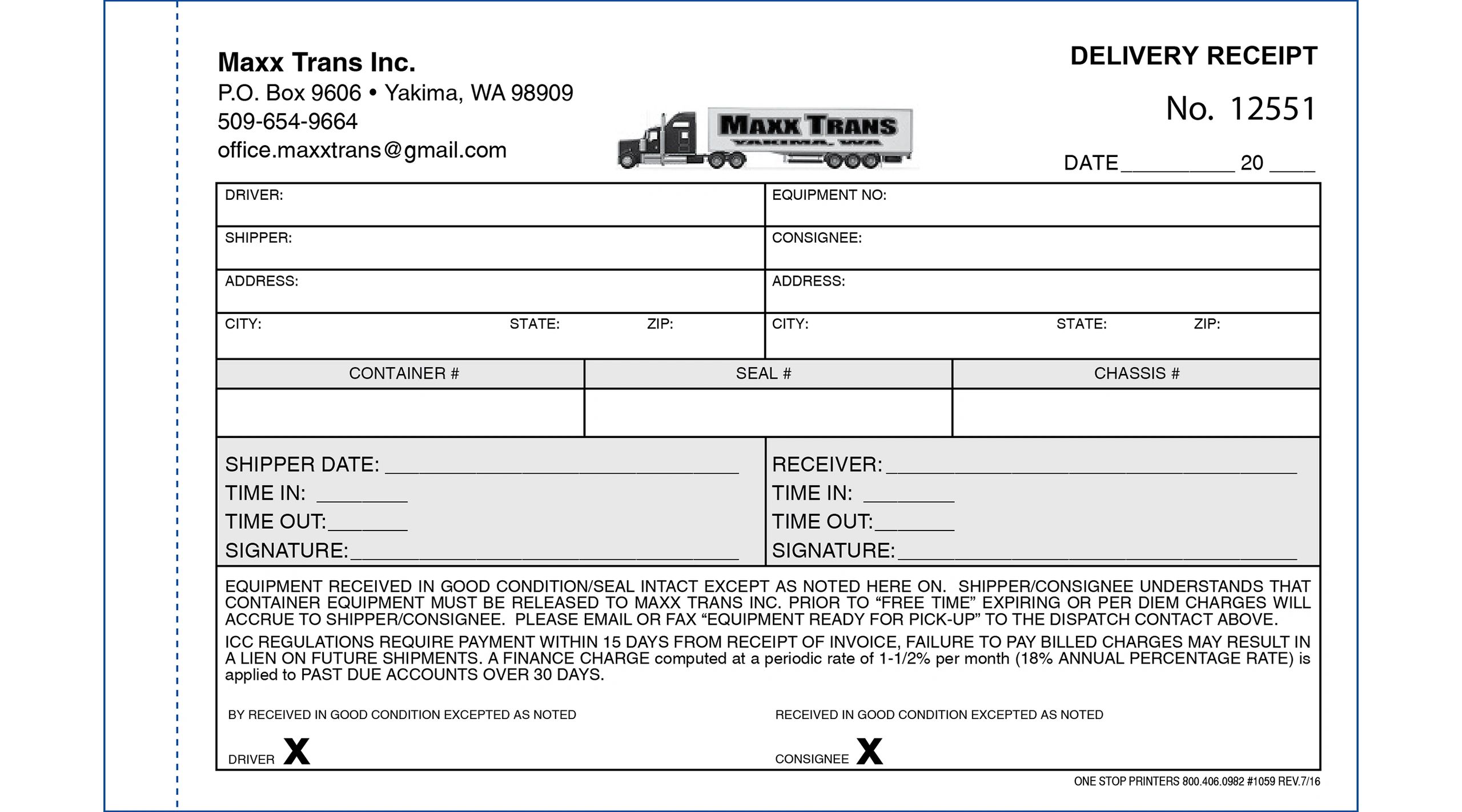 Truck Container Delivery Receipt