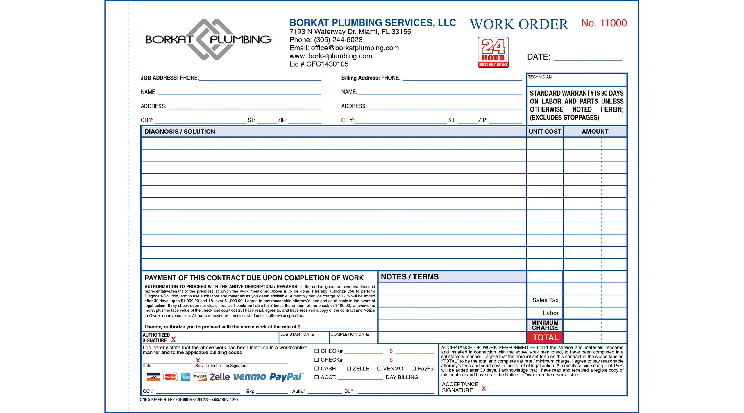 Florida Plumbing Invoice and Work Order