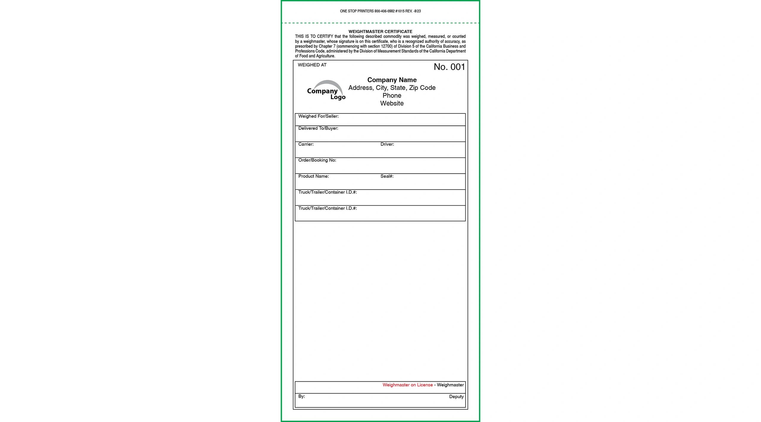 Scrap Metal, Glass and Plastic Weighmaster Certificate
