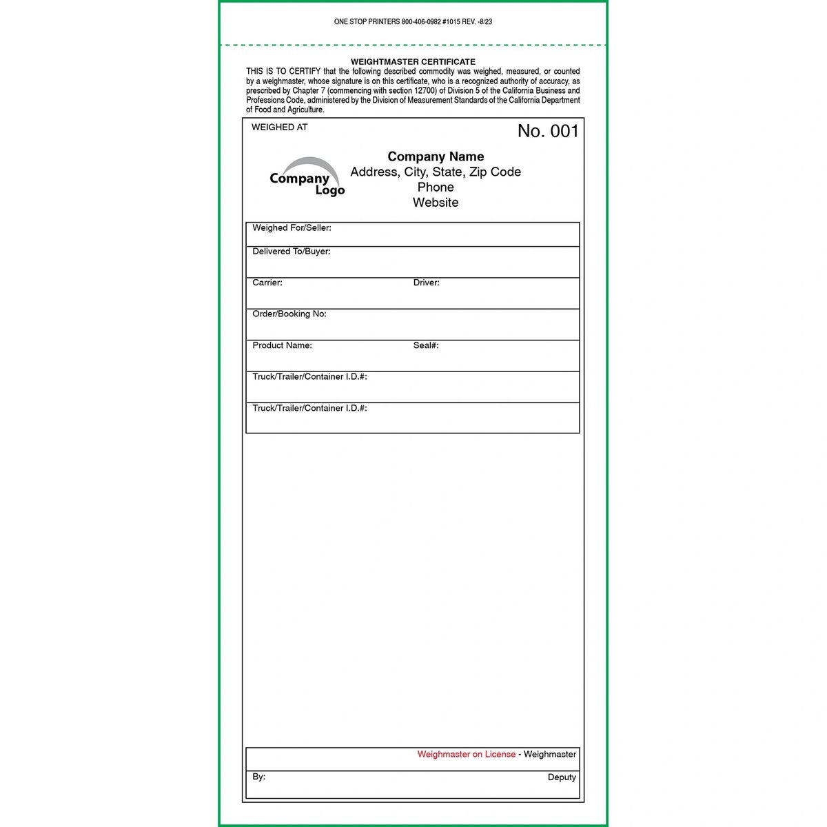 Scrap Metal Weighmaster Certificate #1015