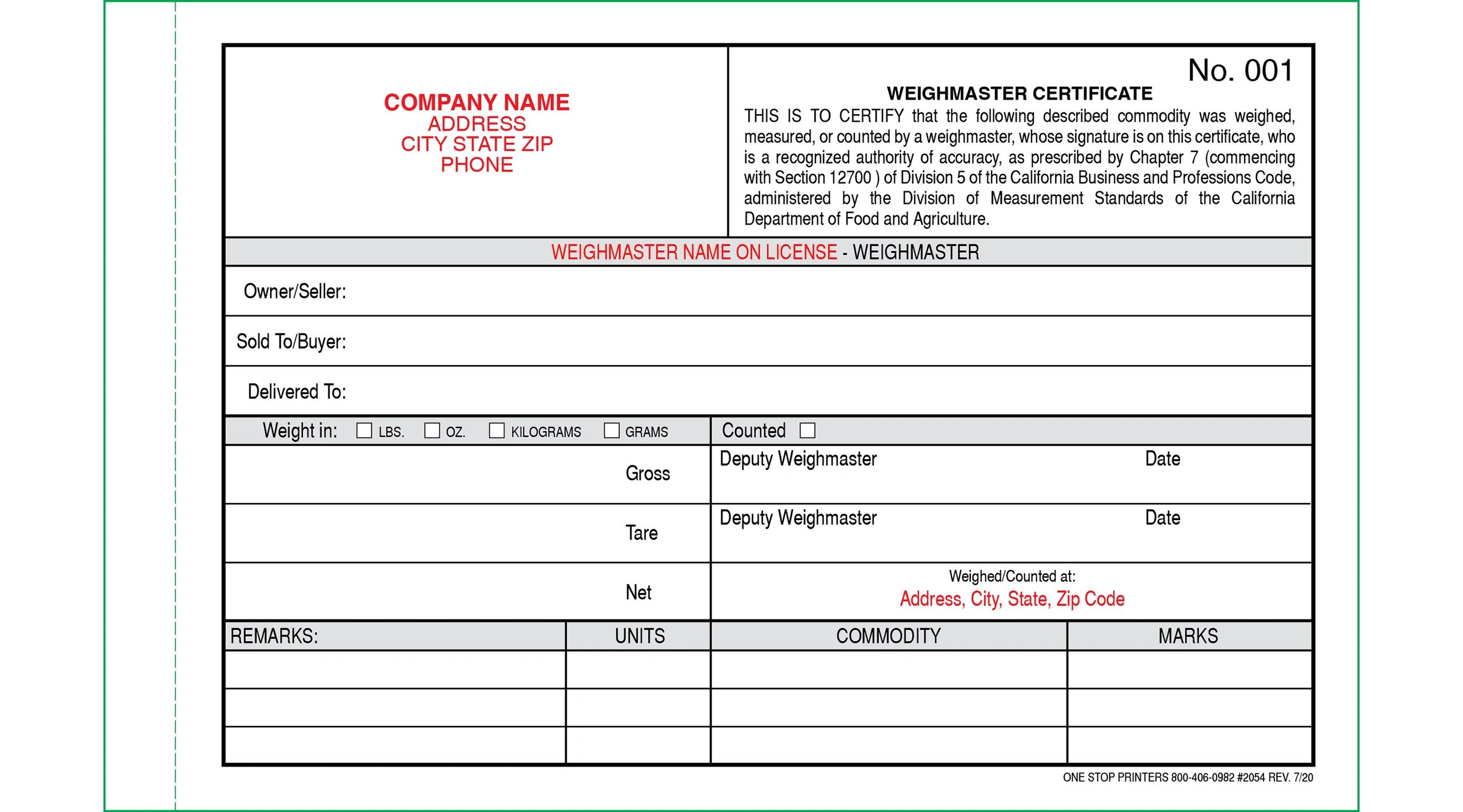 Weighmaster Certificate for California Growers