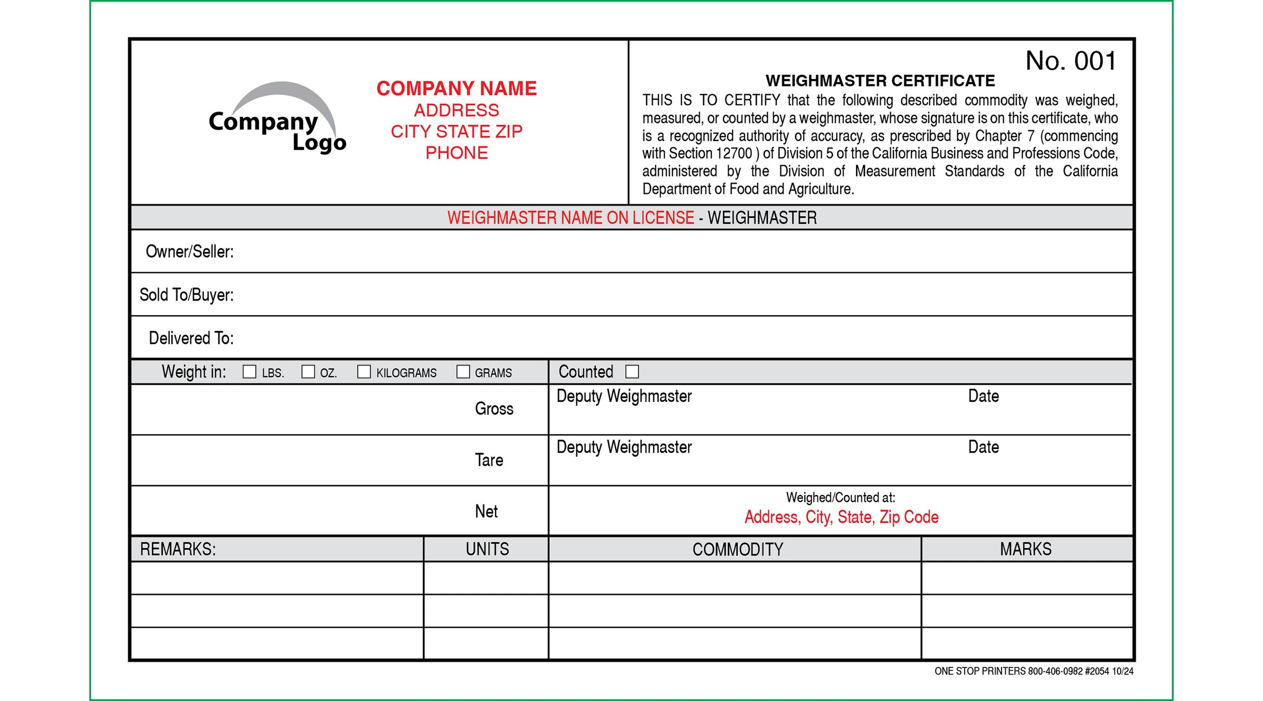 Cannabis Weighmaster Certificate