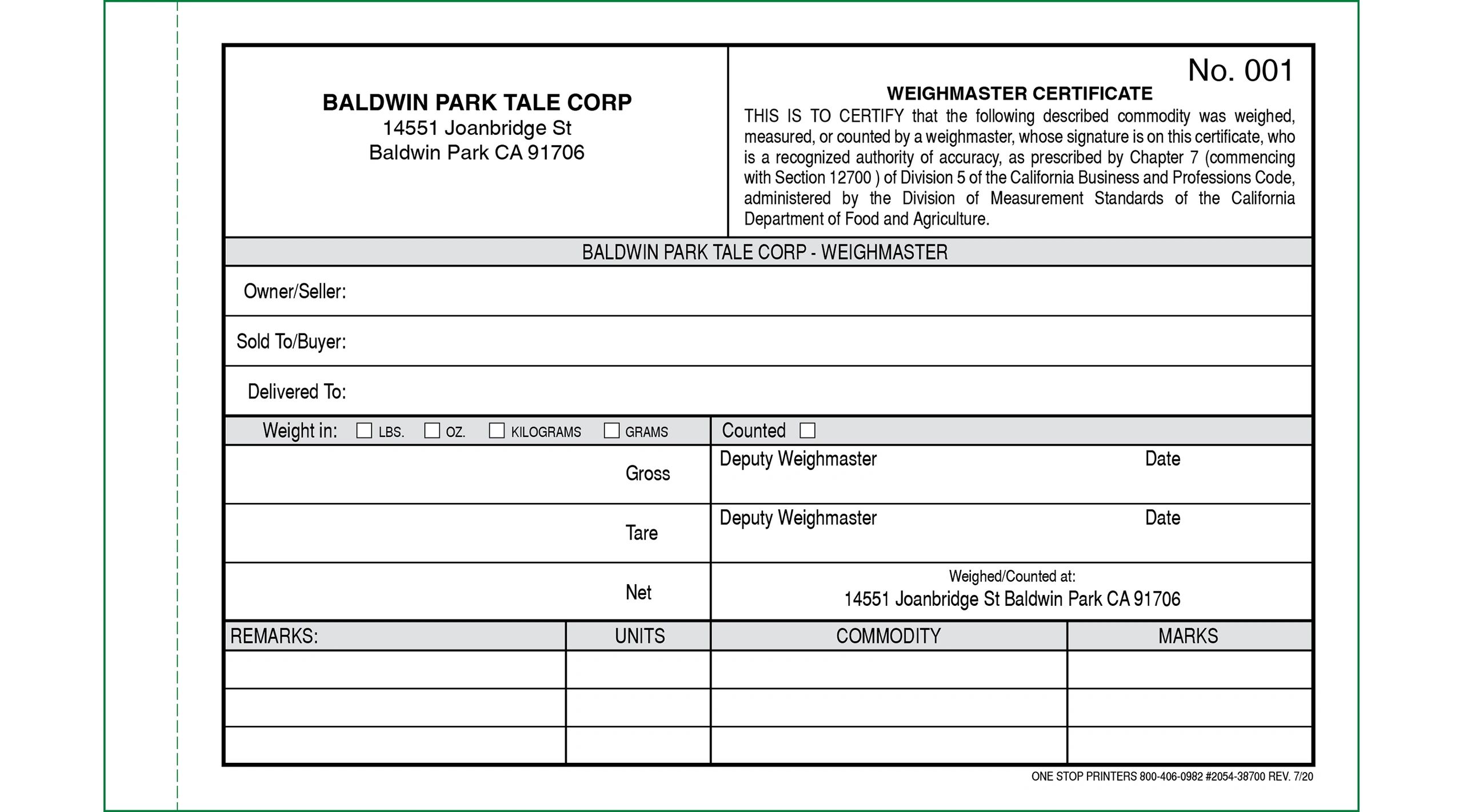 California Cannabis Weighmaster Certificate