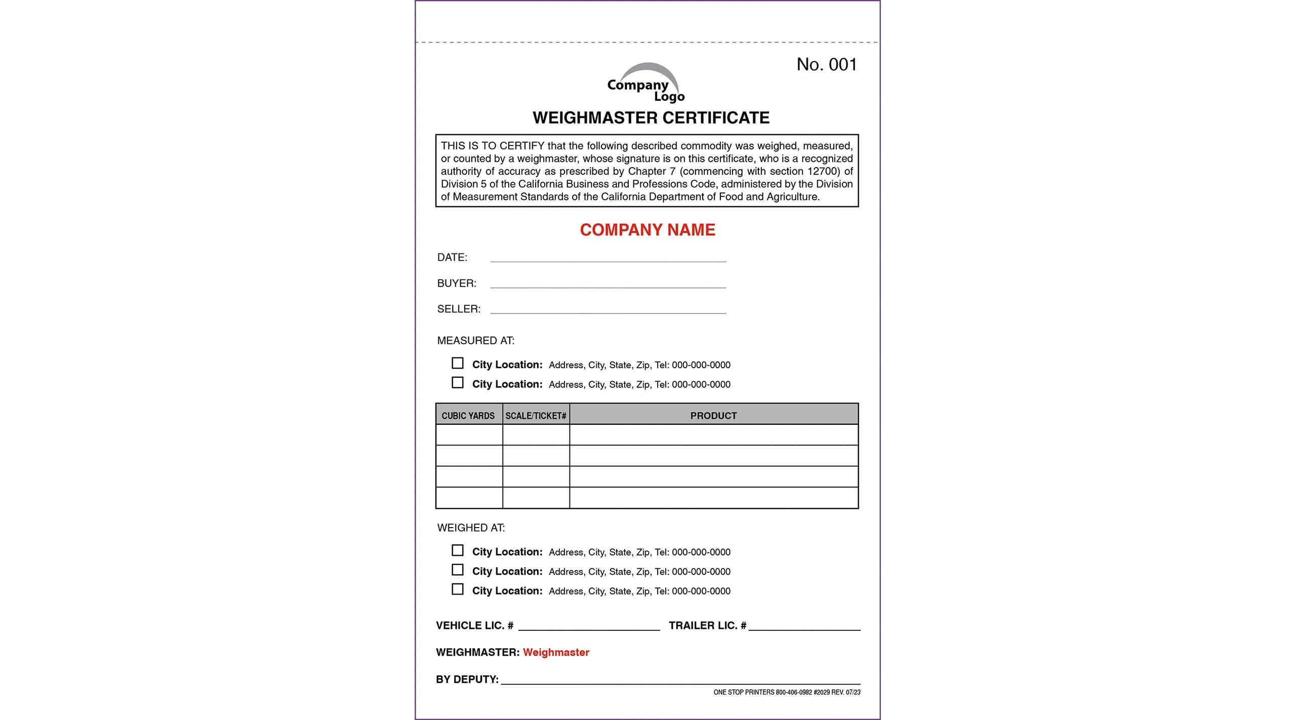 One Stop Printers’ Multiple Locations Weighmaster Certificate