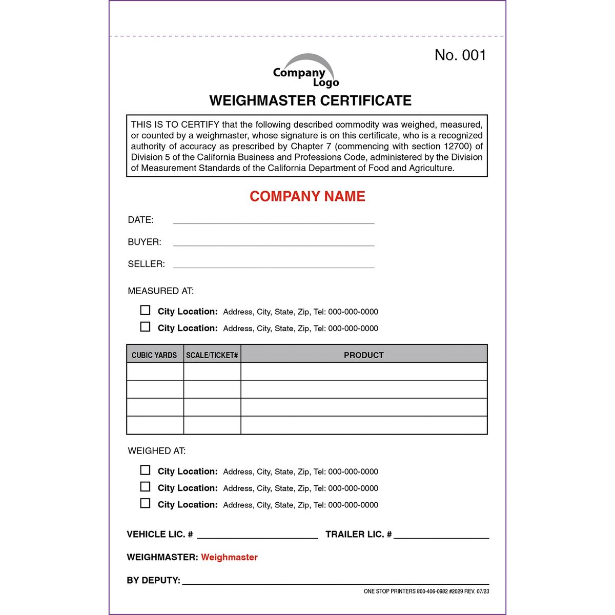 California Weighmaster Certificate for Multiple Locations #2029