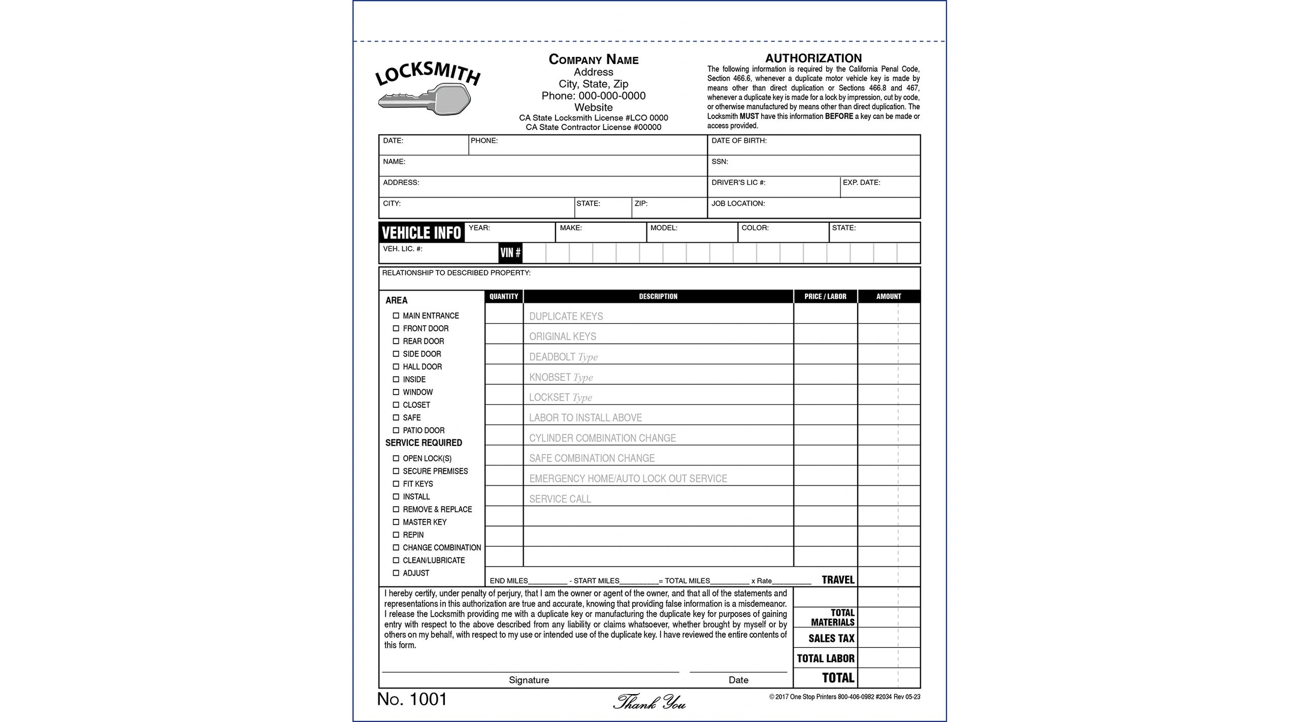 Lock and Safe Work Order and Invoice