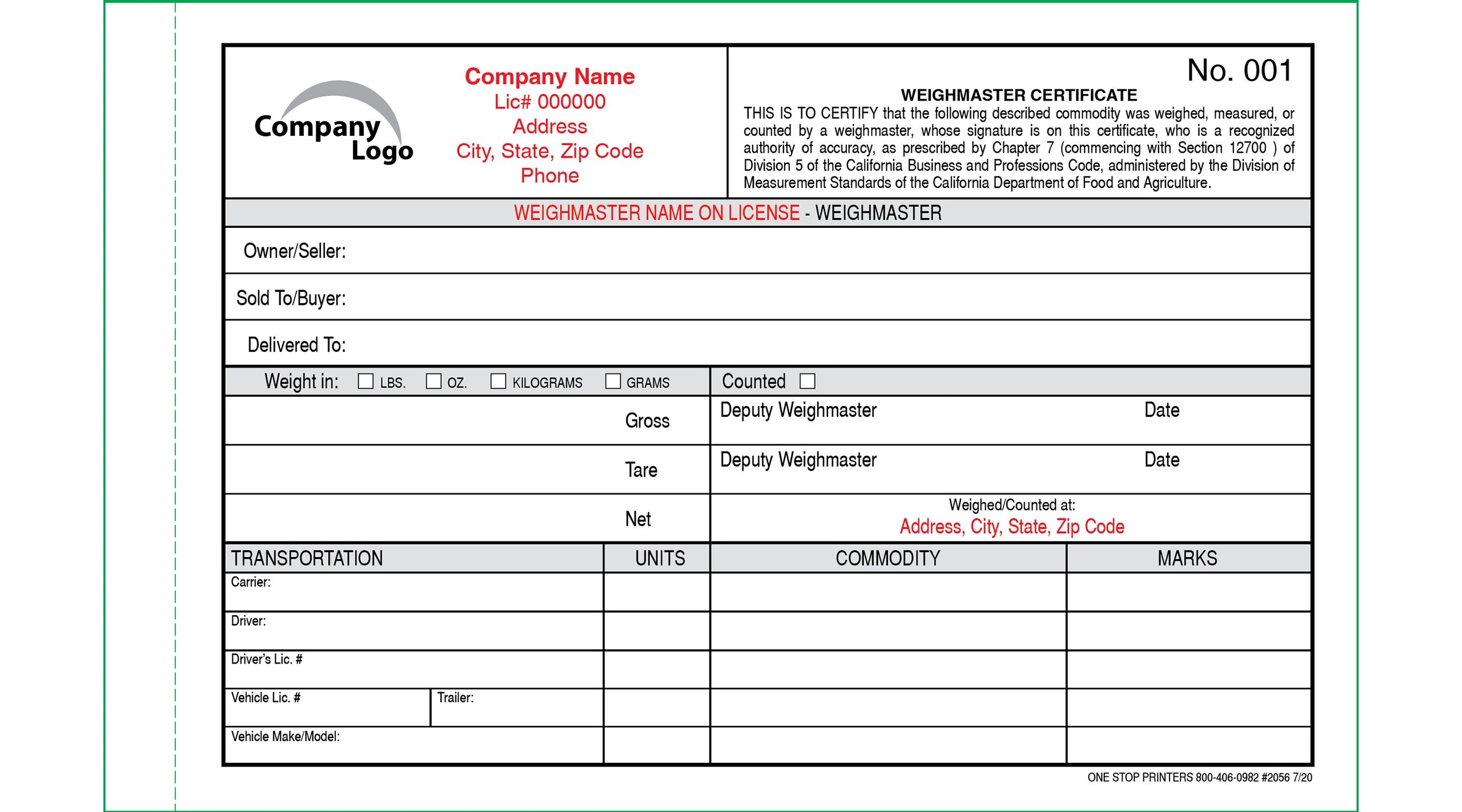 Cannabis Weighmaster Certificate with Transportation Section