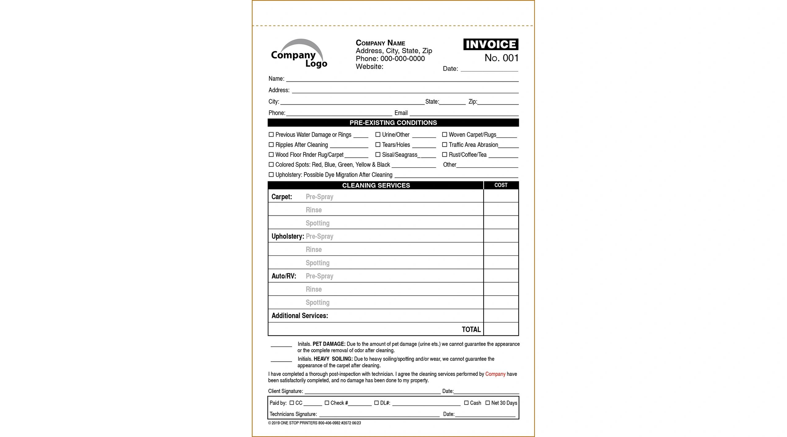 One Stop Printers’ Carpet and Upholstery Cleaning Receipt/Invoice