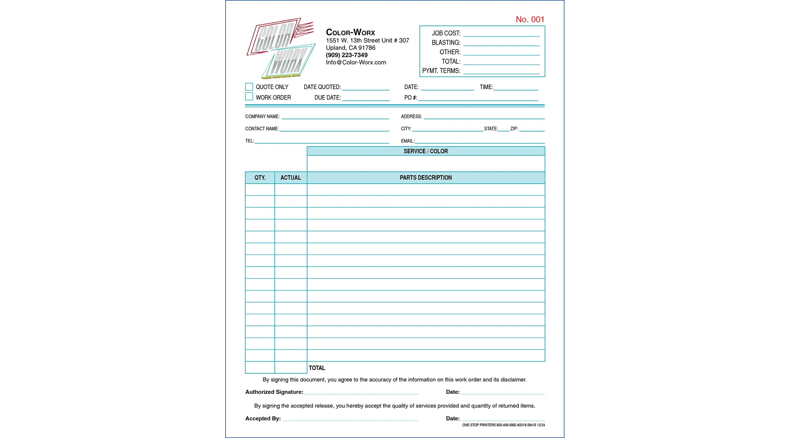 Powder Coating Invoice Work Order