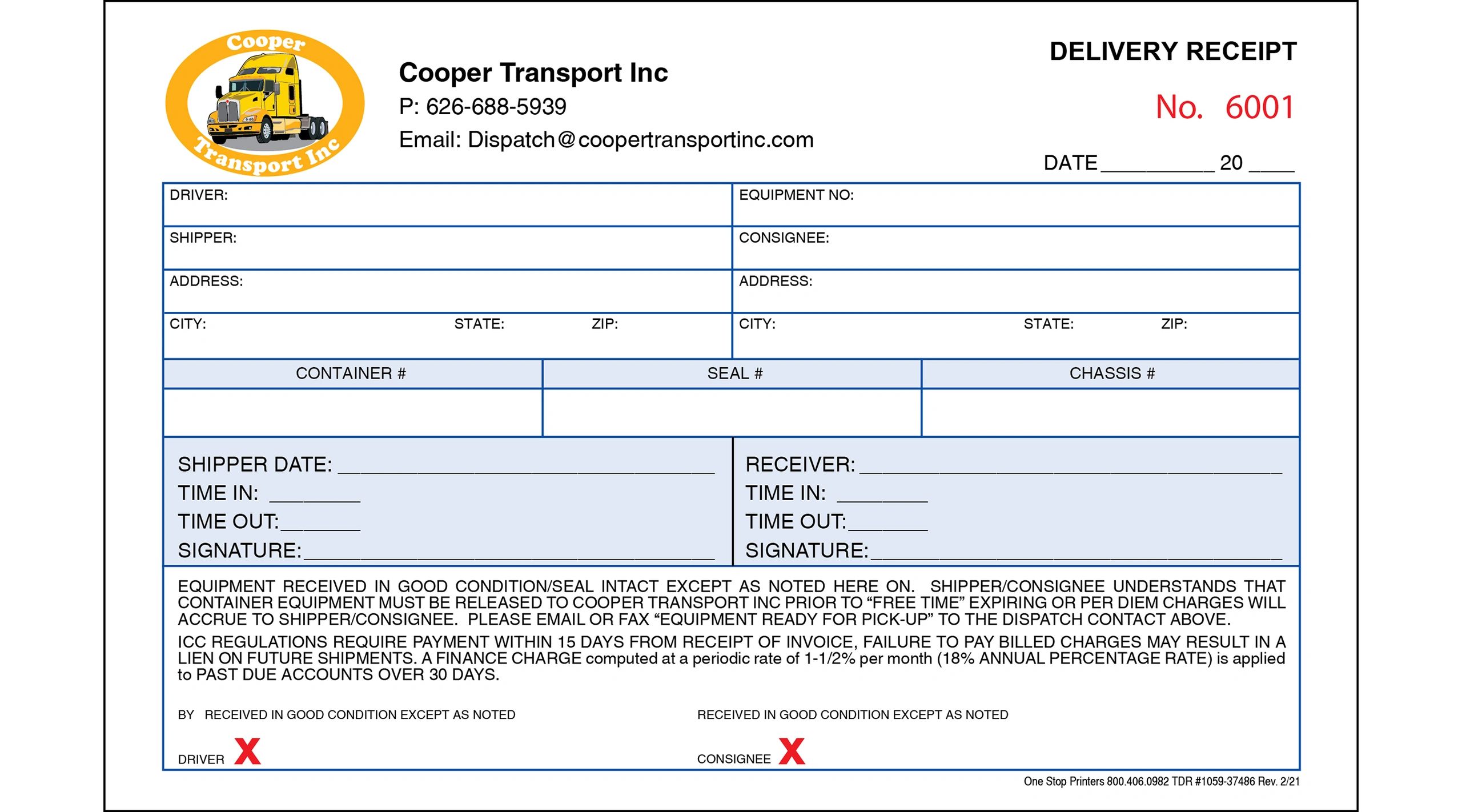 Container Truck Proof of Delivery Receipt