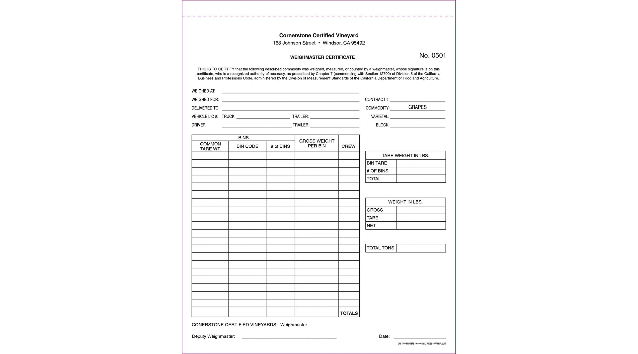 California Vineyard Weighmaster Certificate