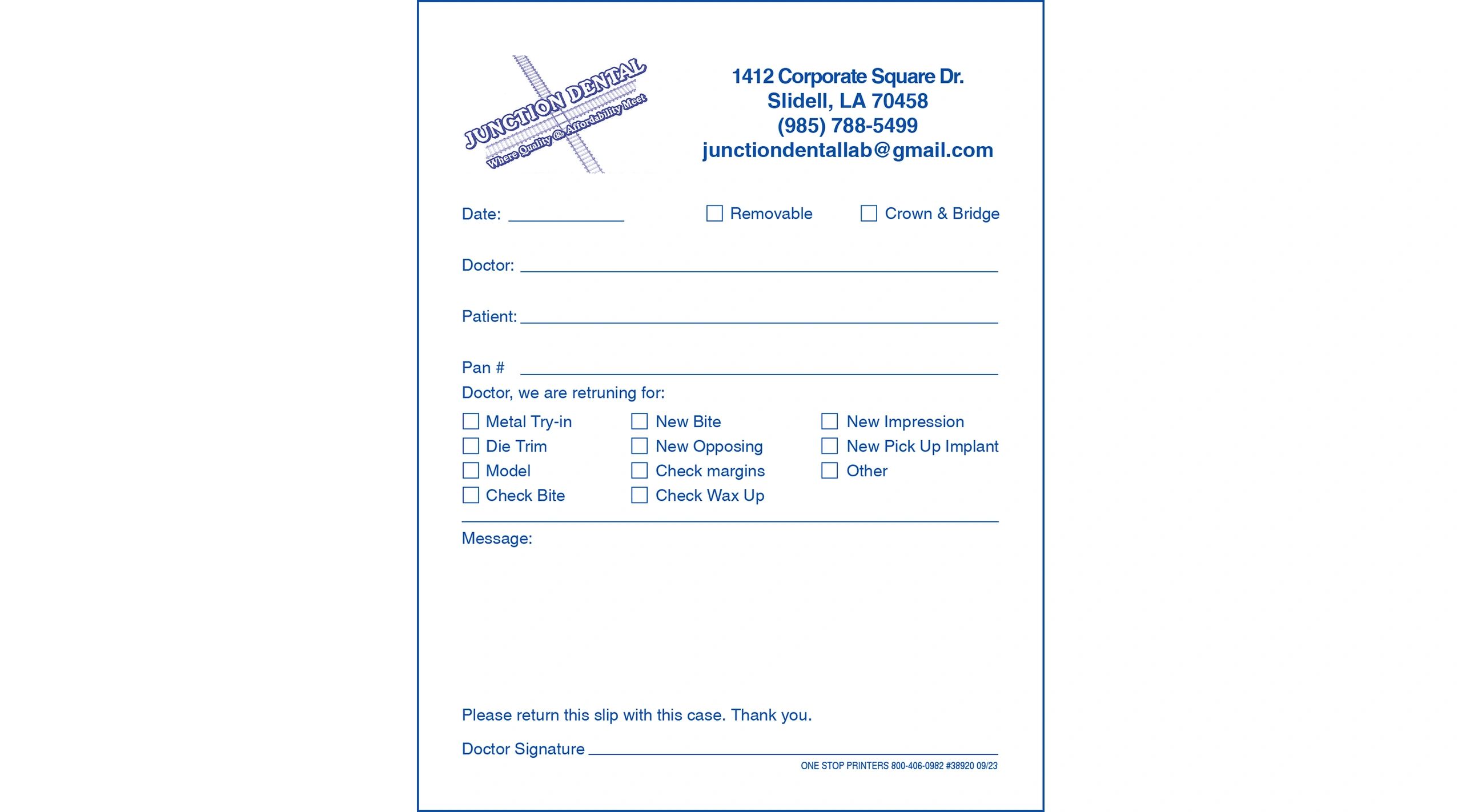 Dental Lab Return Slip Note Pads