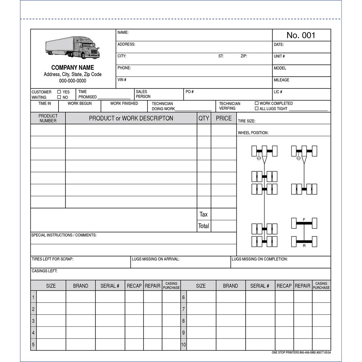 Truck Tire Repair Service Work Order #2077